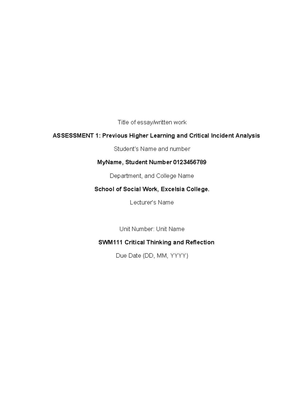 Dibya reflection - Title of essay/written work ASSESSMENT 1: Previous ...