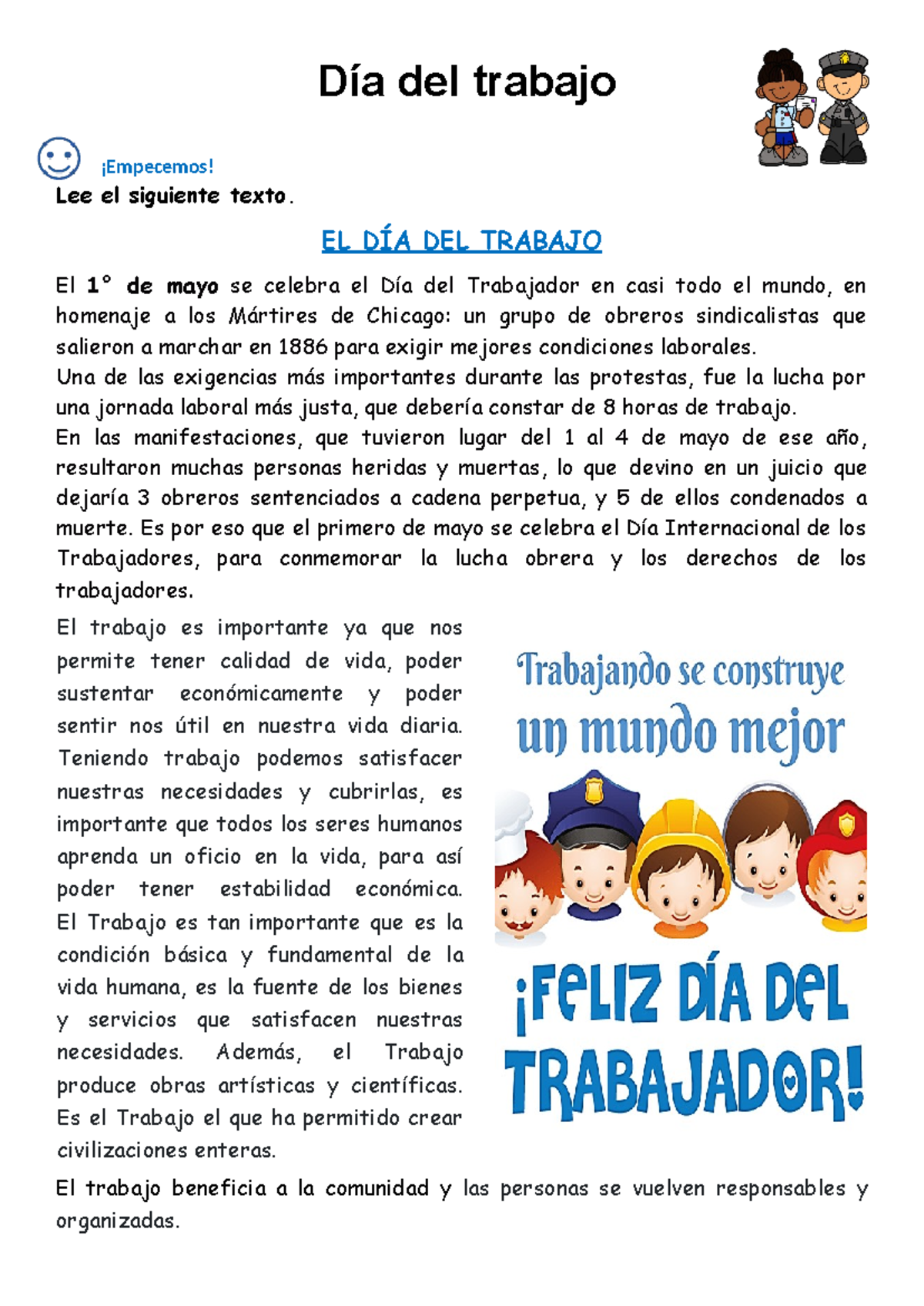 Ficha Día del trabajo - jnknknl - ¡Empecemos! Lee el siguiente texto ...