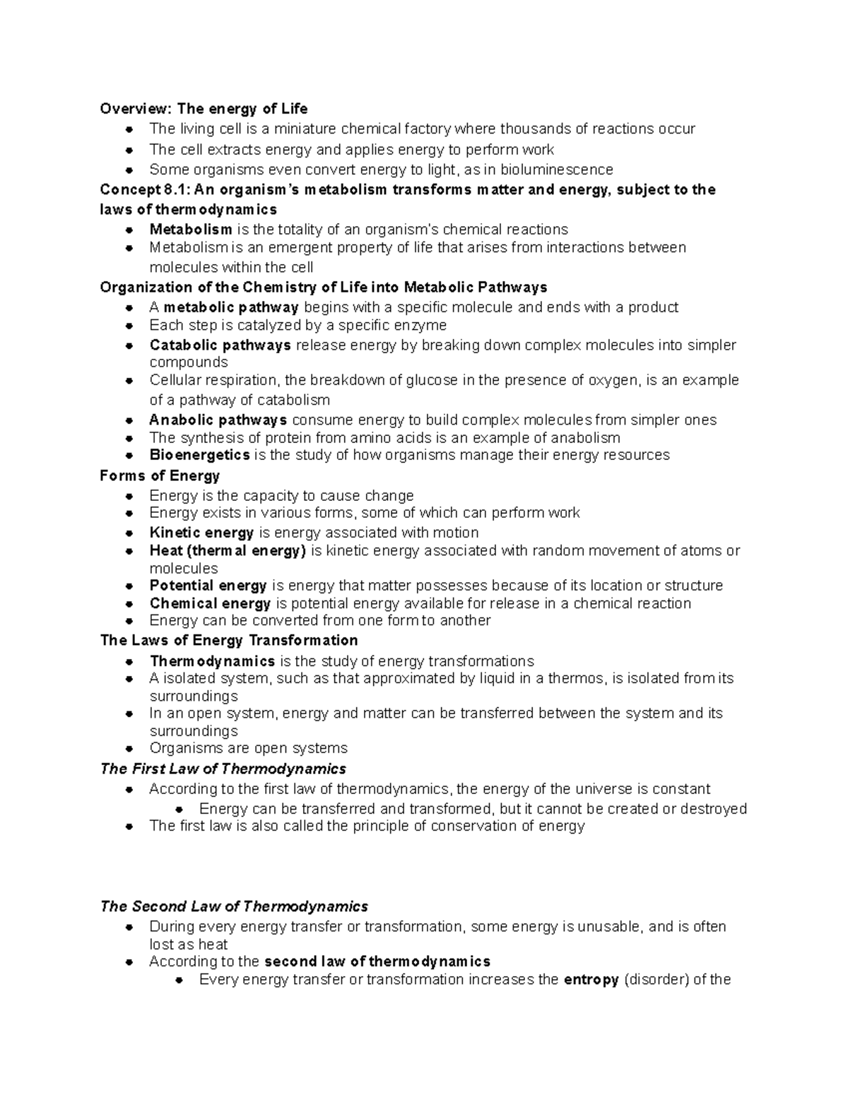 Chapter 8 Notes - Professor Kapoor - Overview: The energy of Life The ...