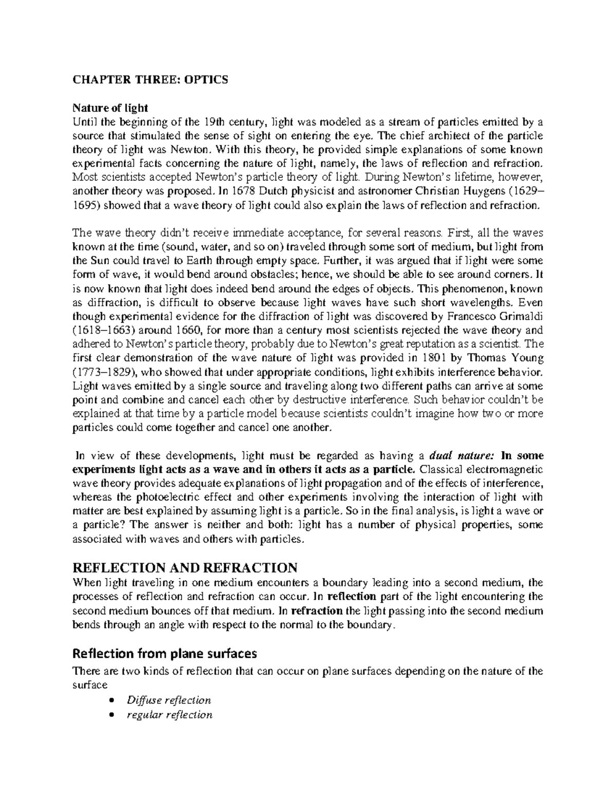 Optics - summary notes - CHAPTER THREE: OPTICS Nature of light Until ...