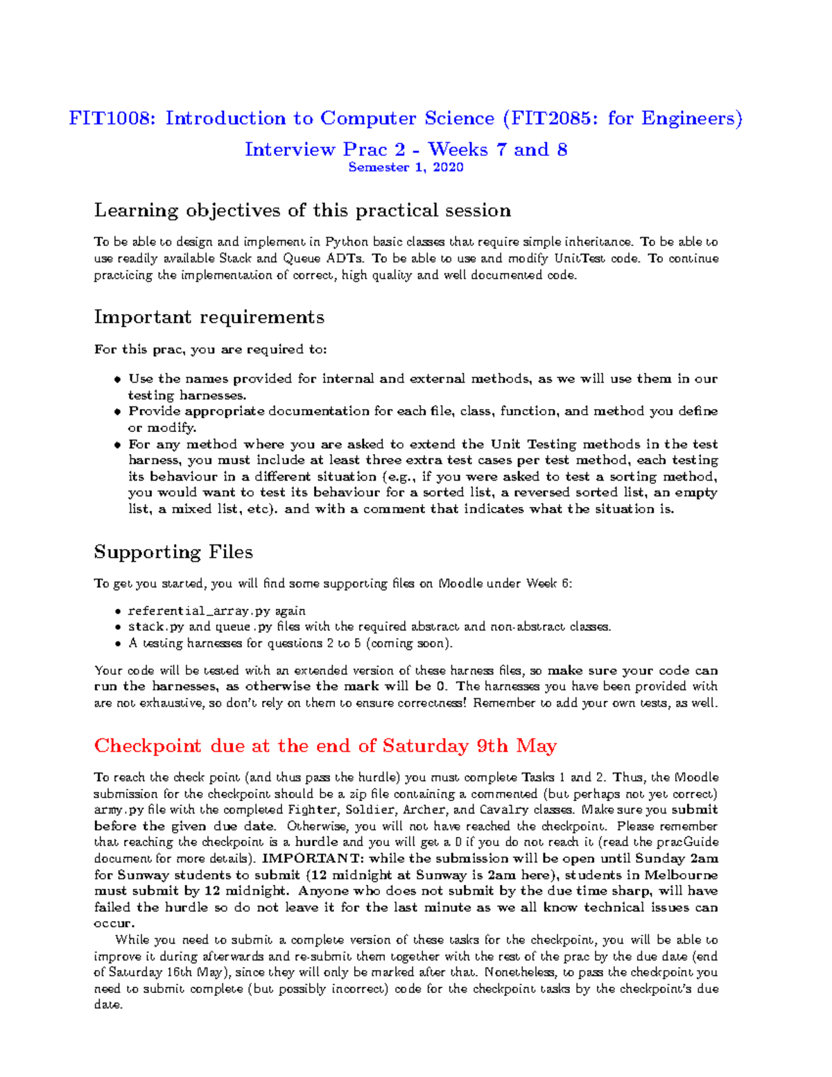 Interview Prac2 - FIT1008: Introduction to Computer Science (FIT2085: for Engineers) Interview ...