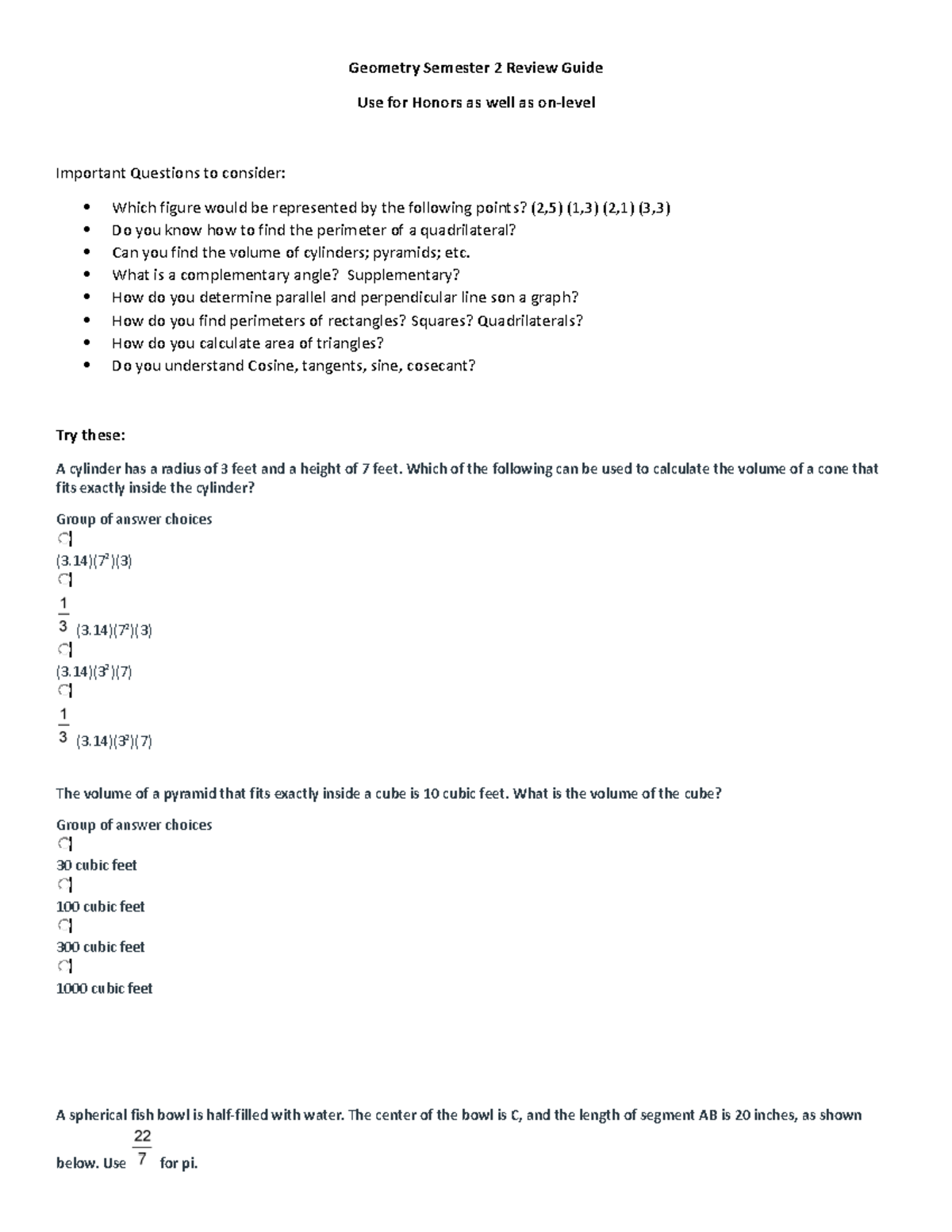 Geometry sem 2 study guide - Geometry Semester 2 Review Guide Use for ...