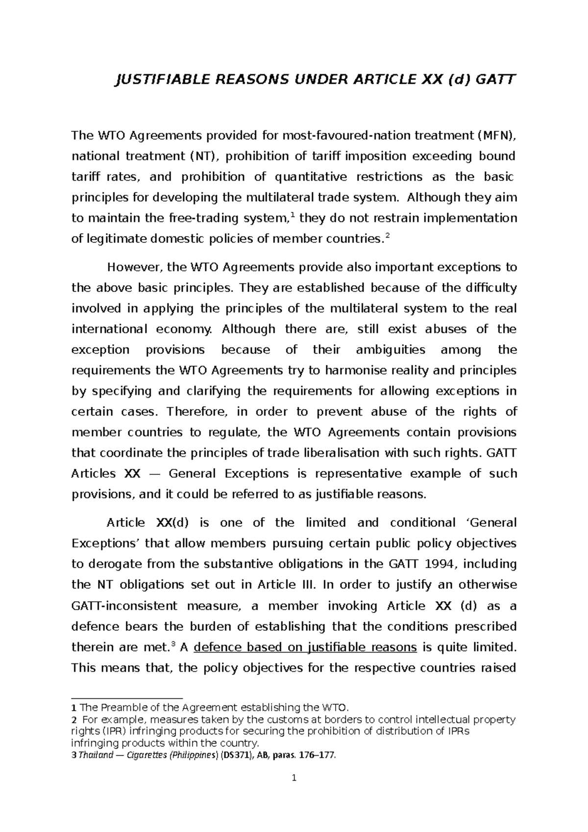 Justifiable Reasons Under Article XX - JUSTIFIABLE REASONS UNDER ...