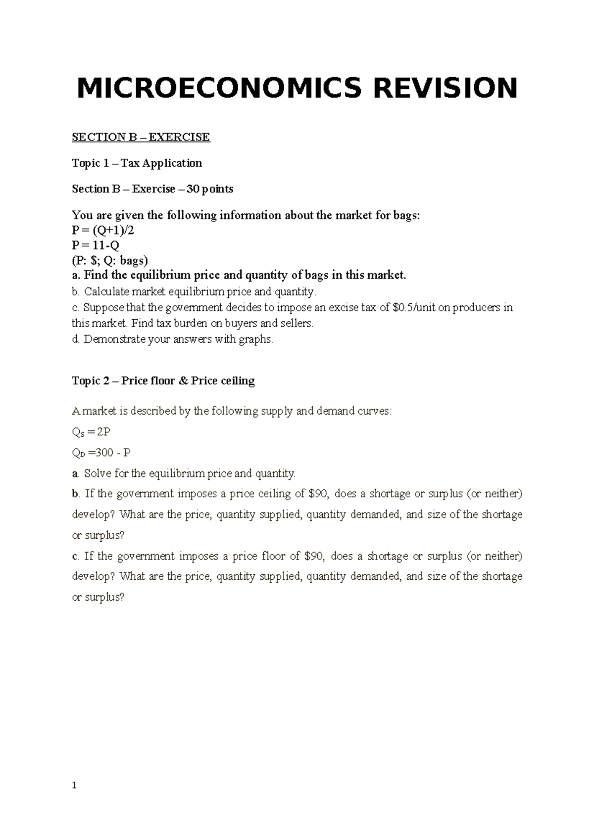 Microeconomics- Revision - MICROECONOMICS REVISION SECTION B – EXERCISE ...