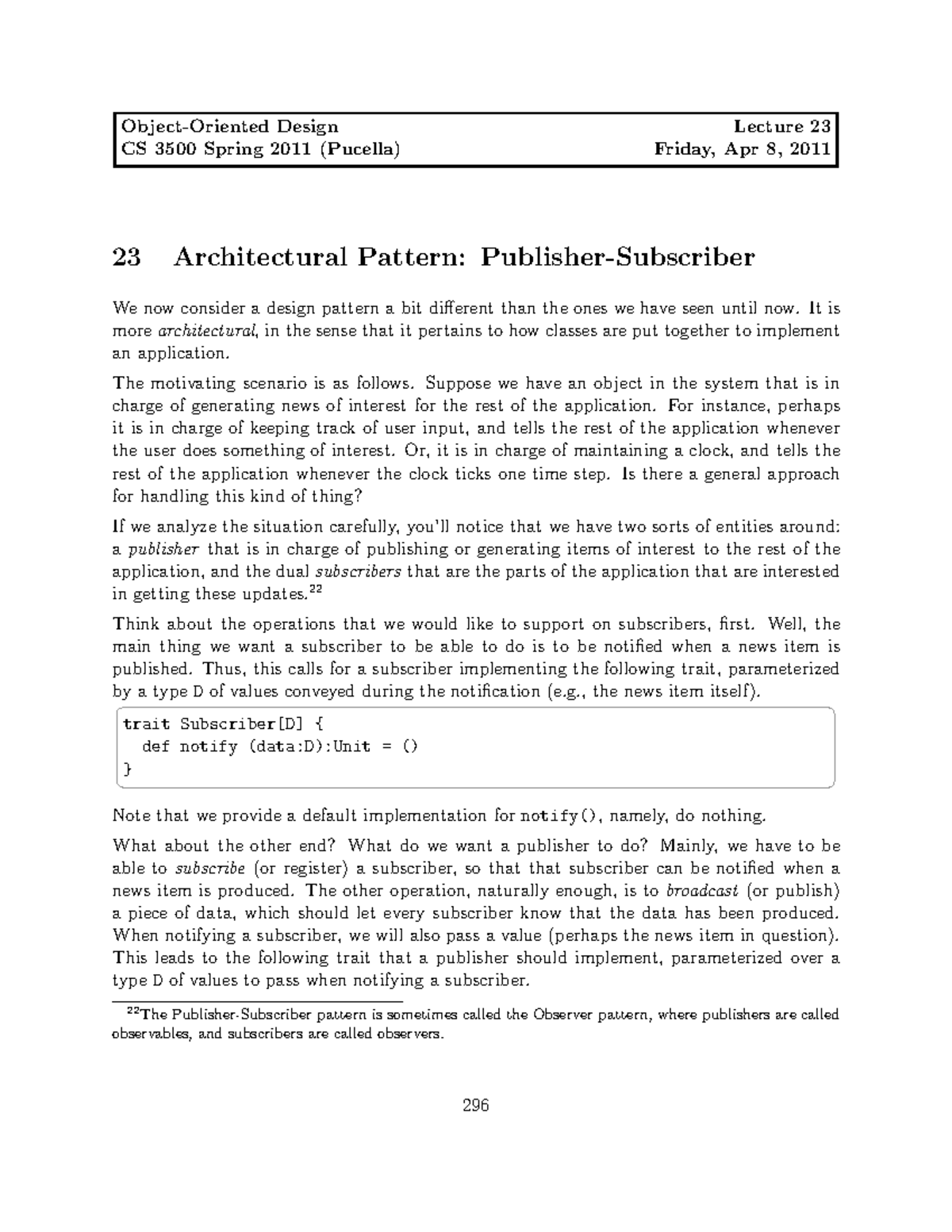 Lecture notes, lecture 23 - Publisher - Design CS 3500 Spring 2011 ...