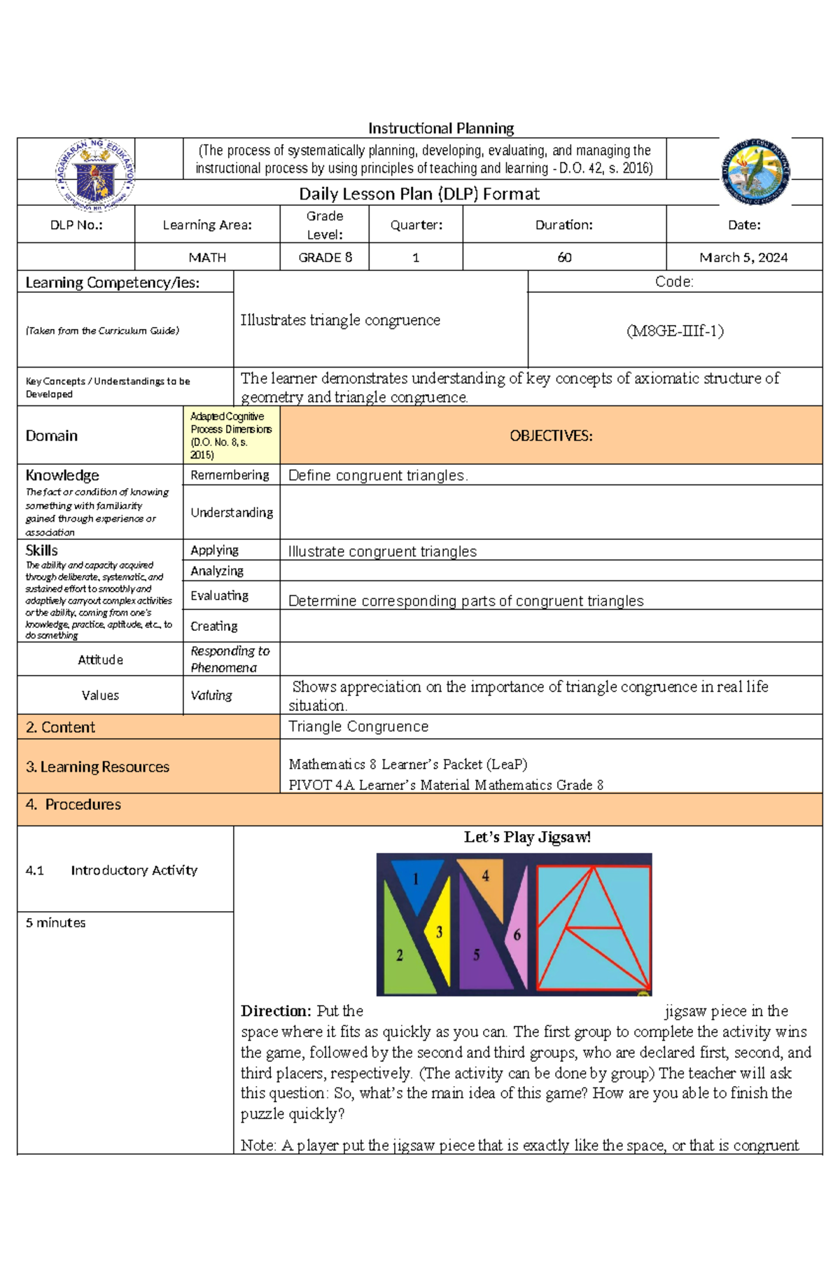 Lesson Plan C.O 3 Math 8 - Instructional Planning (The process of ...