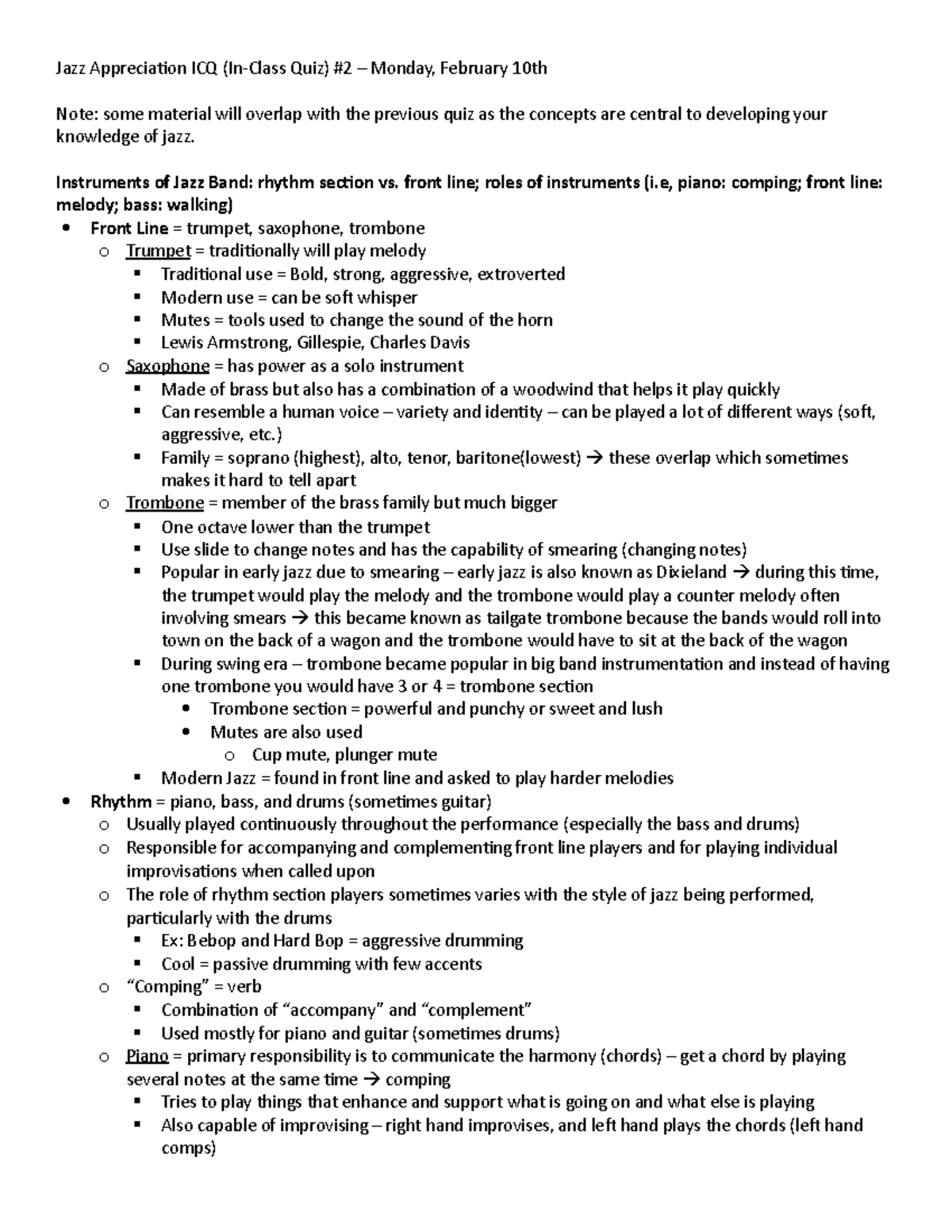 Jazz Appreciation ICQ #2 Review Guide - Jazz Appreciation ICQ (In-Class ...