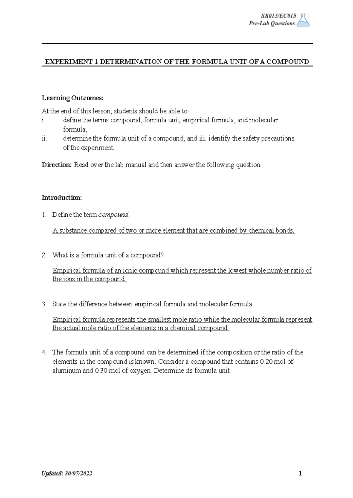 PRE LAB EXP1 - membantu - EXPERIMENT 1 DETERMINATION OF THE FORMULA UNIT OF A COMPOUND Learning ...