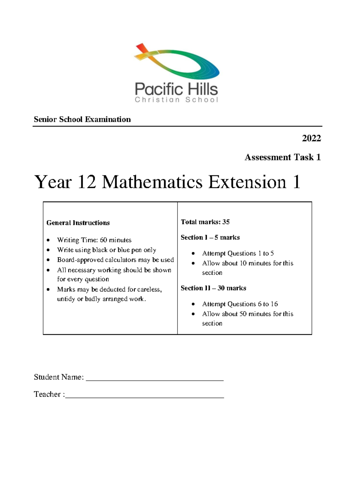 2022 Extension 1 Maths Assessment Task 1 - Senior School Examination ...