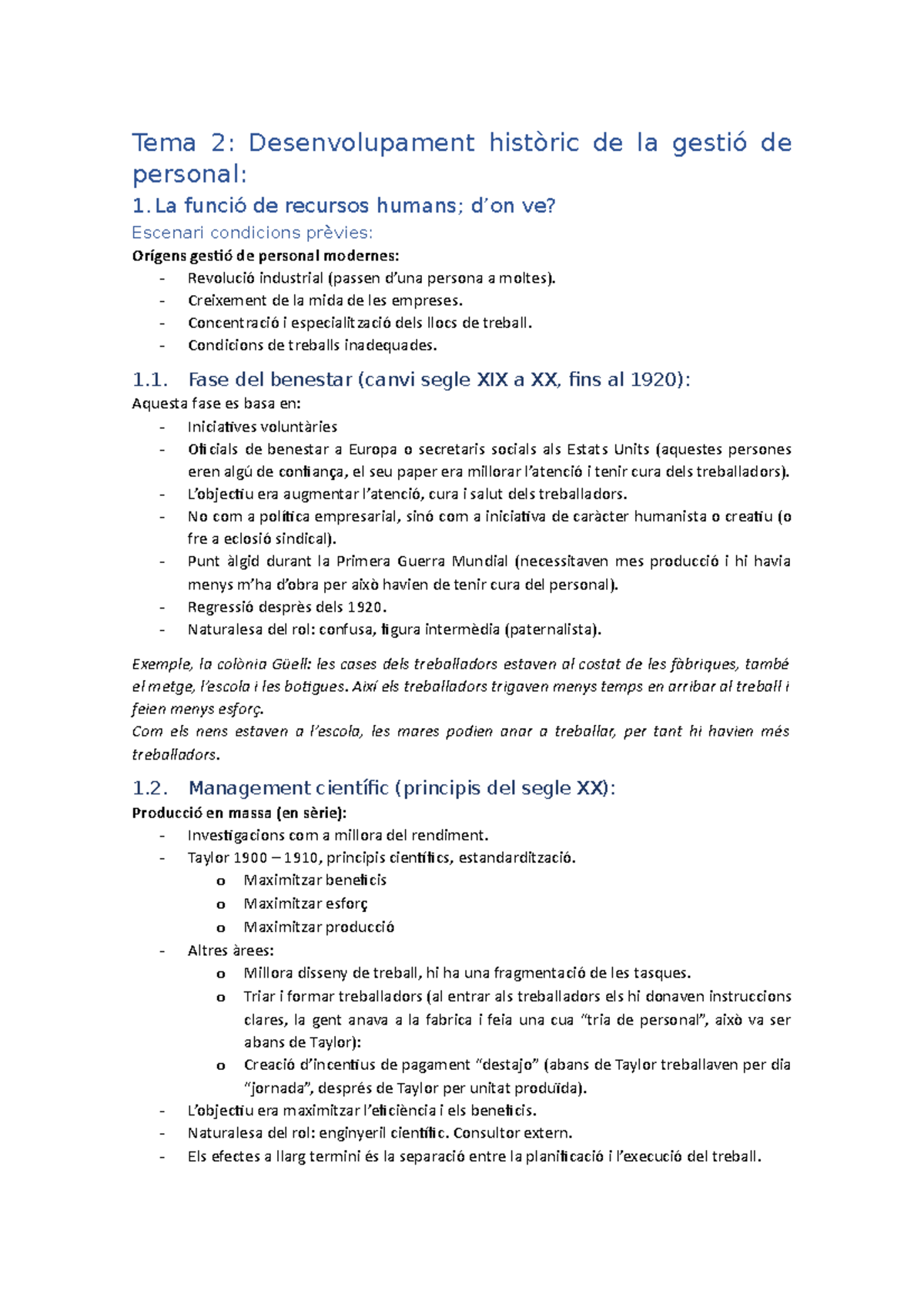 Tema 2 recurssos humans - Tema 2: Desenvolupament històric de la gestió de personal: 1. La ...