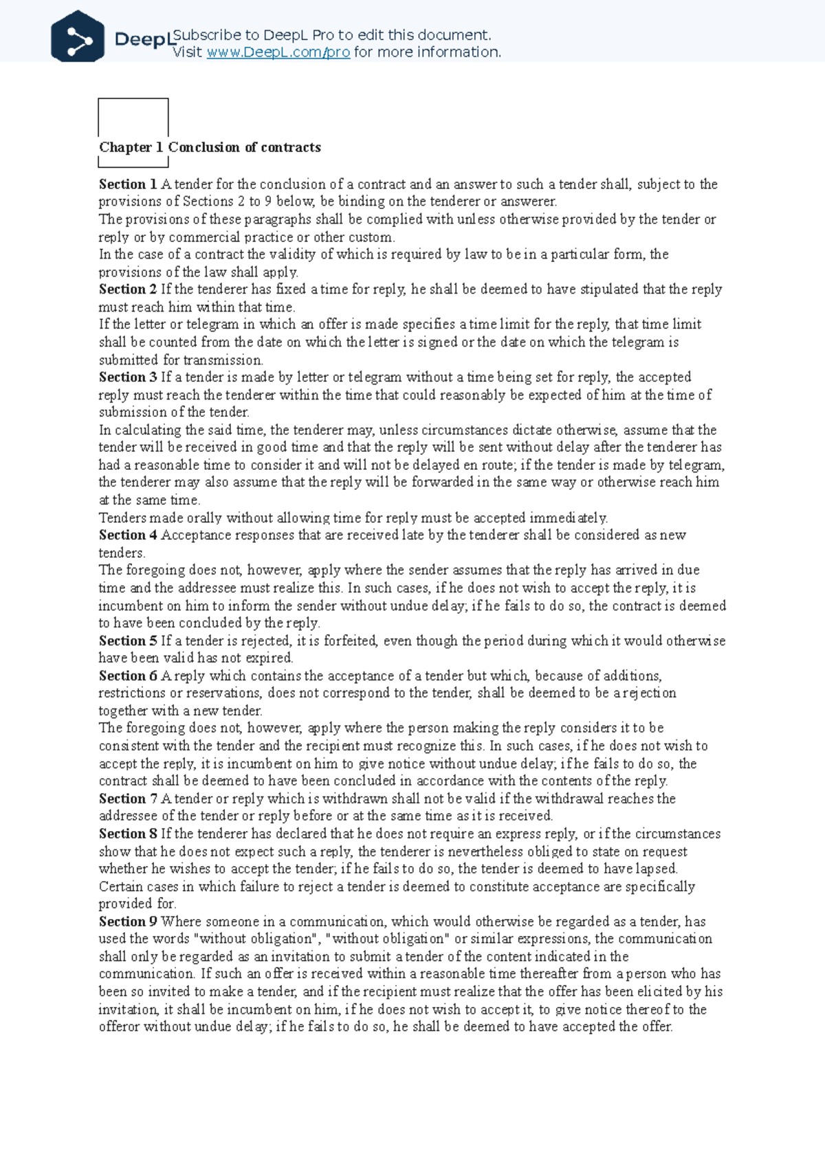 Avtalslagen en - Chapter 1 Conclusion of contracts Section 1 A tender ...