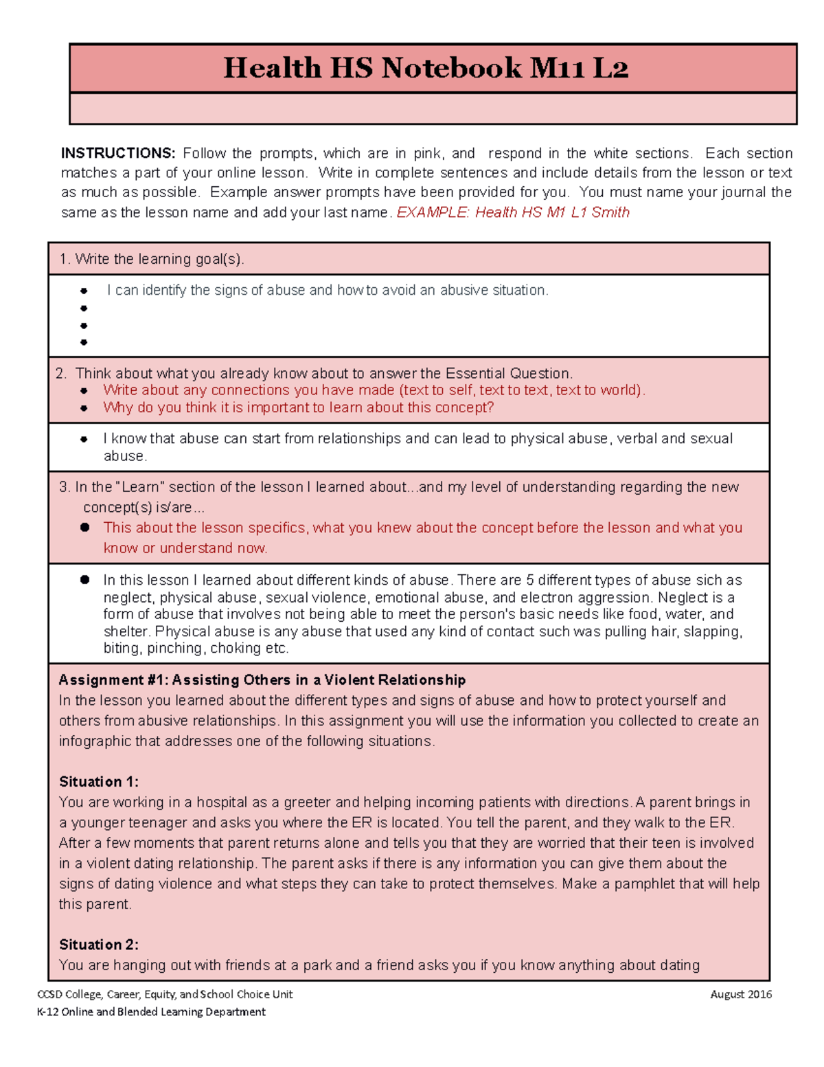 Health HS M11 L2 Notebook - Health HS Notebook M11 L INSTRUCTIONS ...