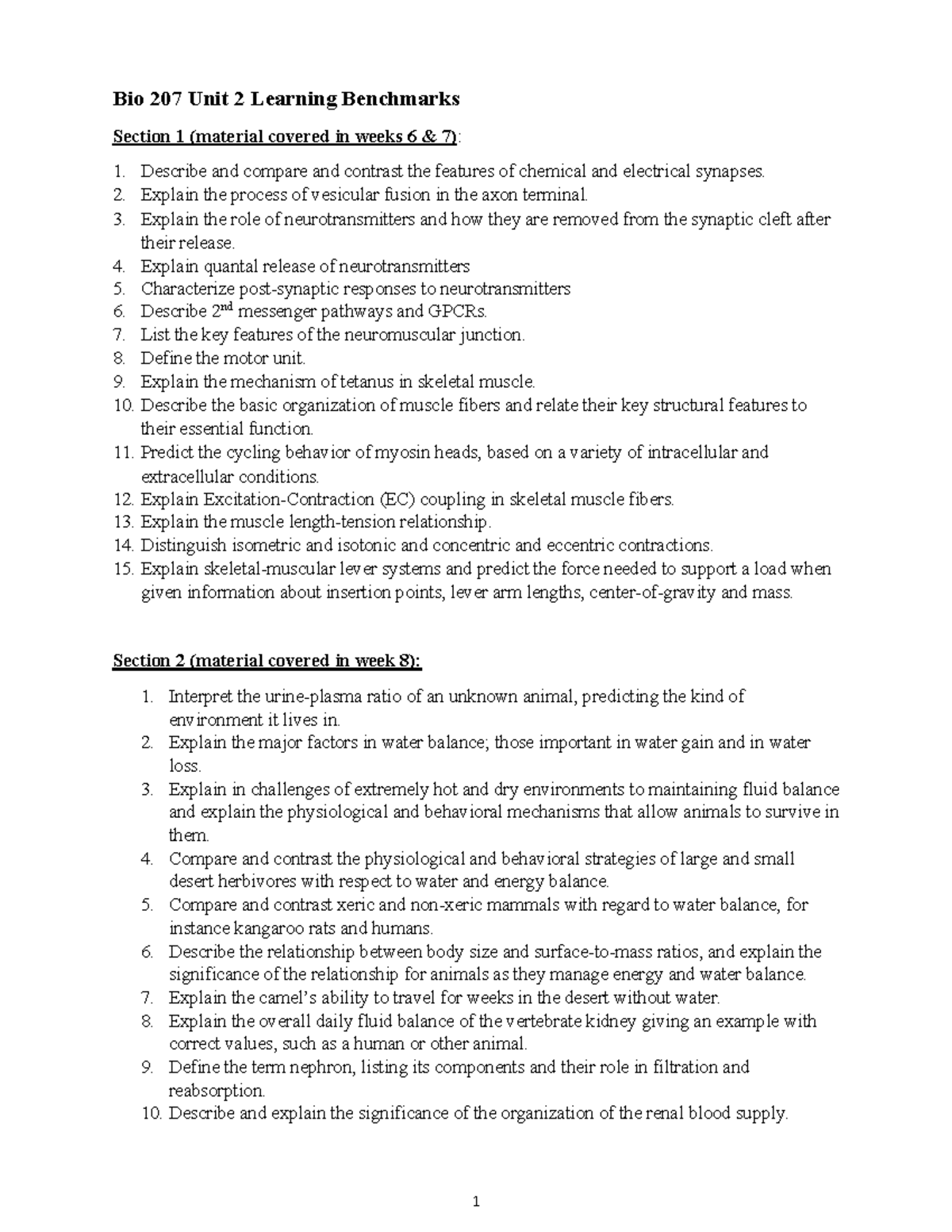 F2021 Unit 2 Learning Benchmarks - 1 Bio 207 Unit 2 Learning Benchmarks ...