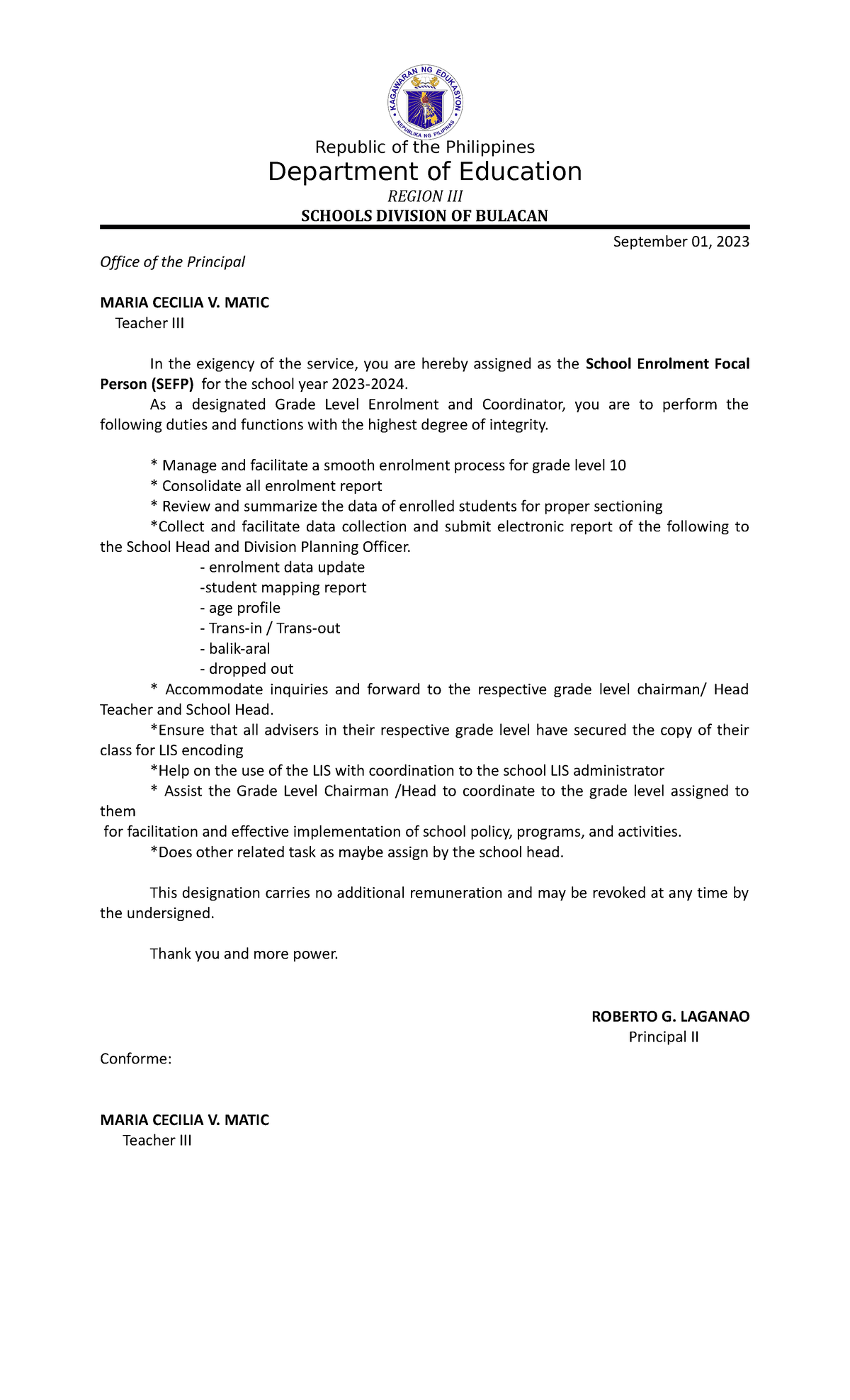 Focal Person Enrolment - Designation - Republic of the Philippines ...