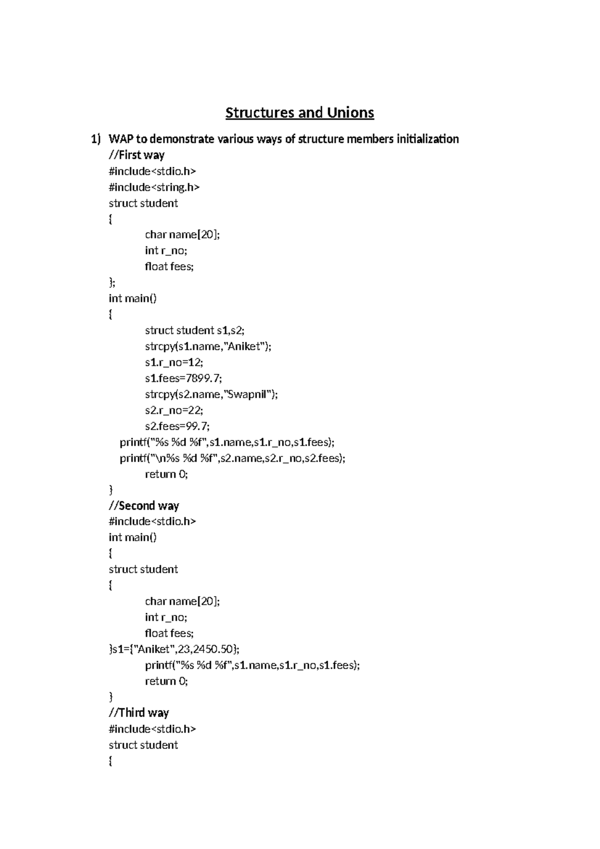 Programs on Structures and Union - Structures and Unions WAP to ...