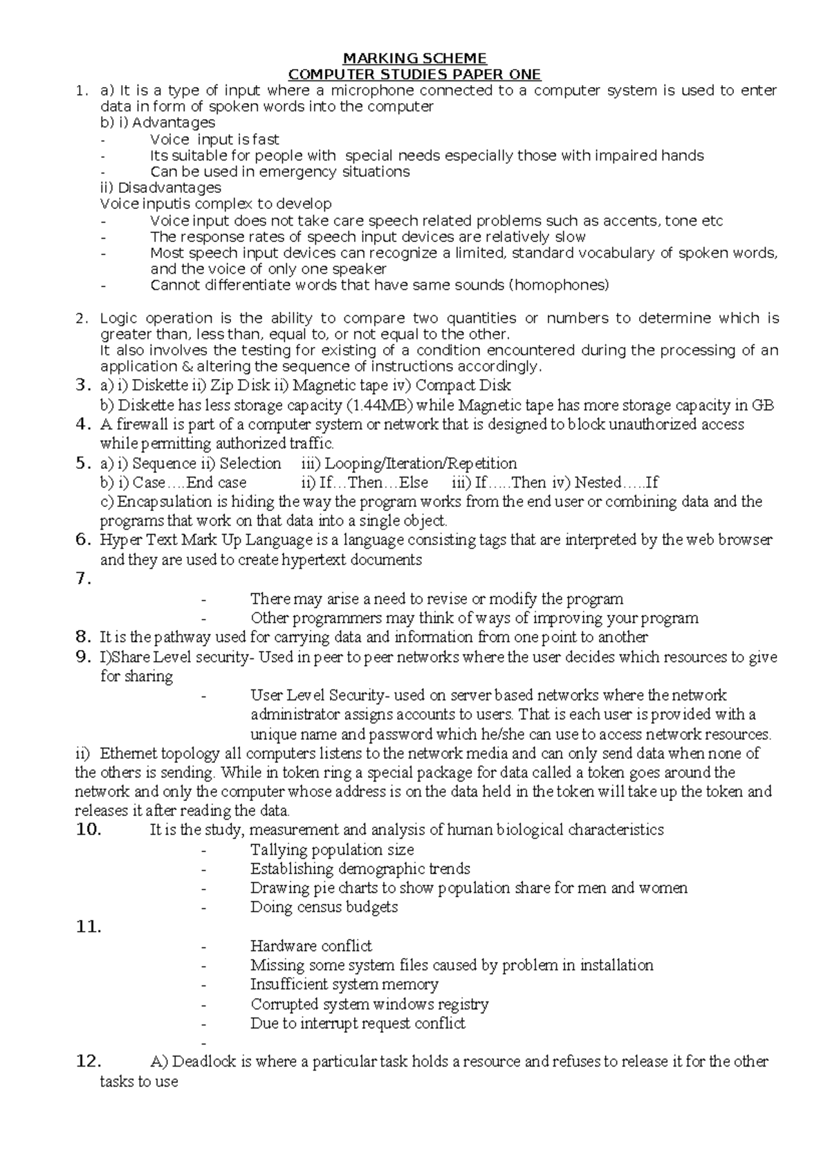 Computer Studies Paper 1 Answers - MARKING SCHEME COMPUTER STUDIES ...