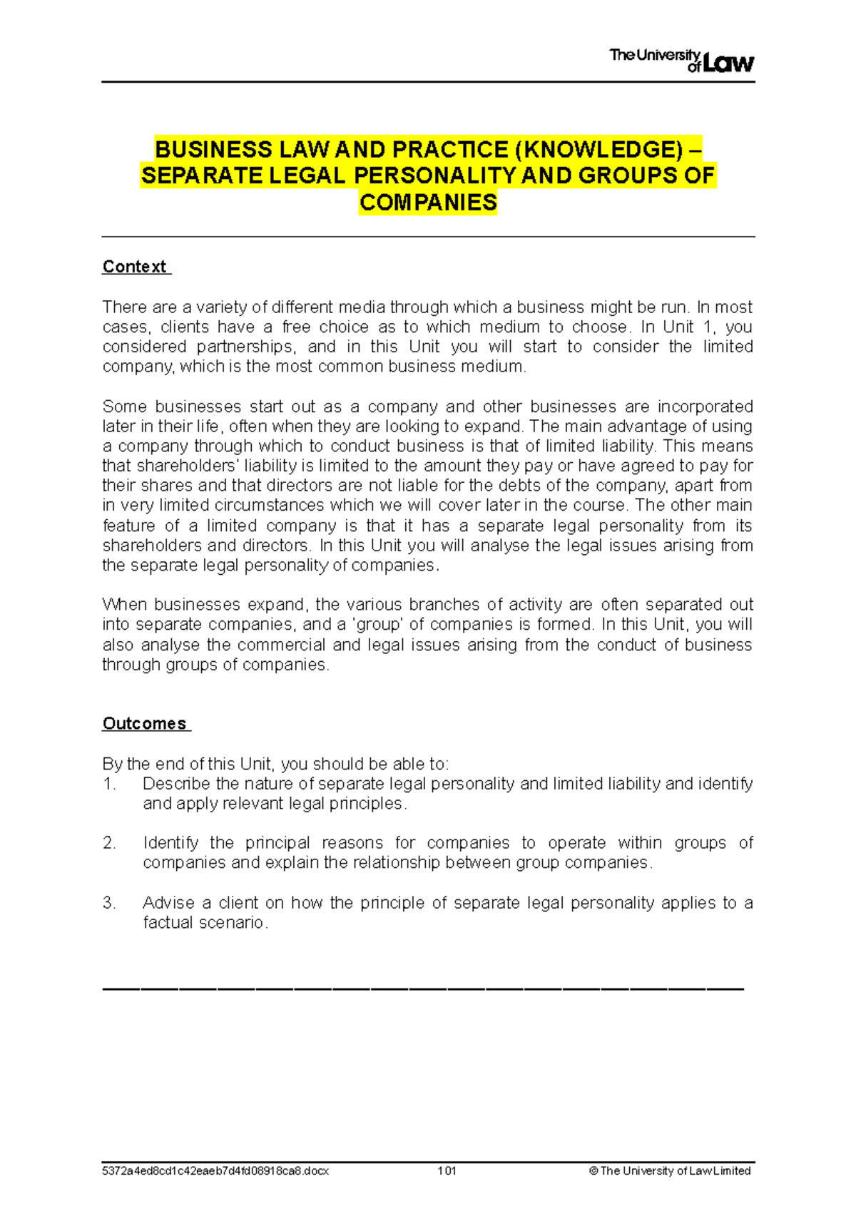 Workshop 2 ( Seperate Legal Personality) - BUSINESS LAW AND PRACTICE ...