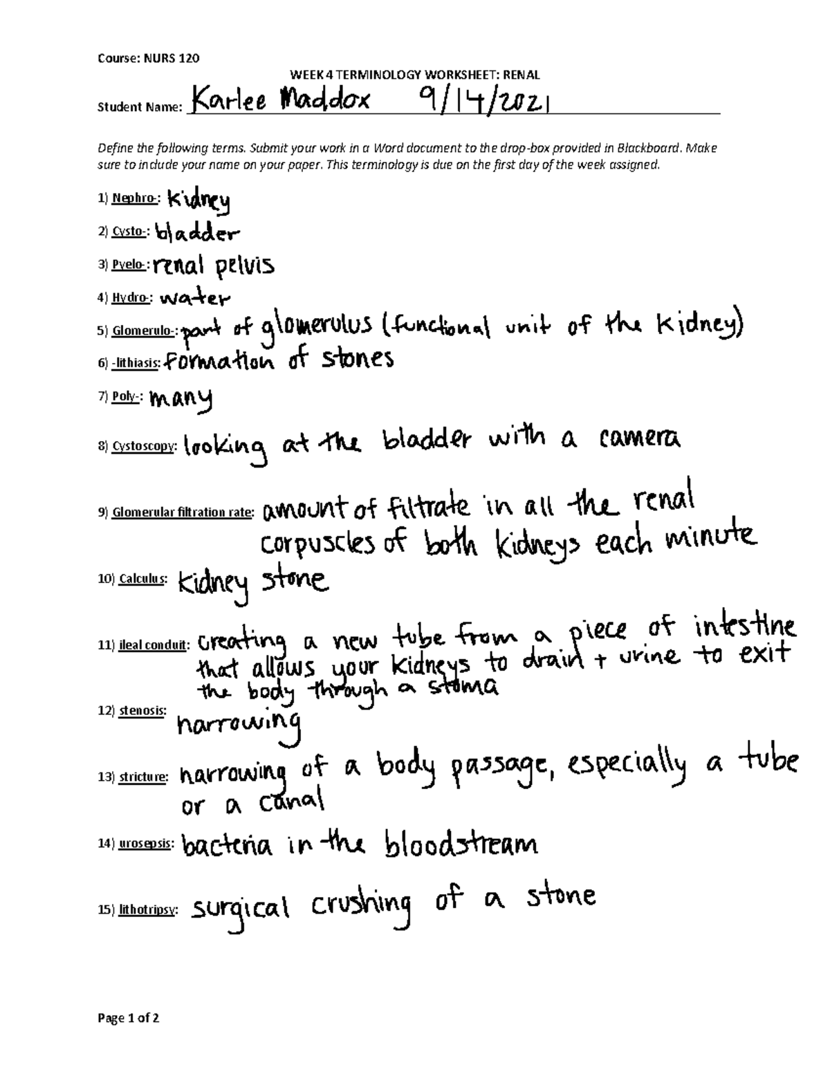 Week 4 Terminology Worksheet - Course: NURS 120 WEEK 4 TERMINOLOGY ...
