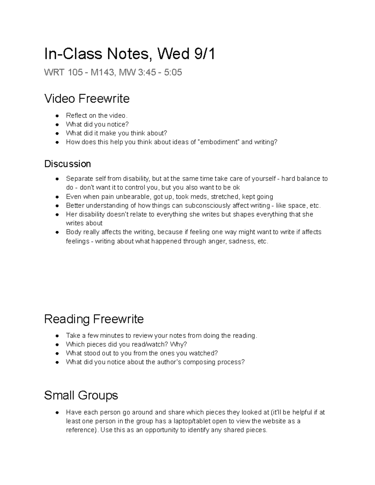 In-Class Notes, Wed 9 1 - What did you notice? What did it make you ...