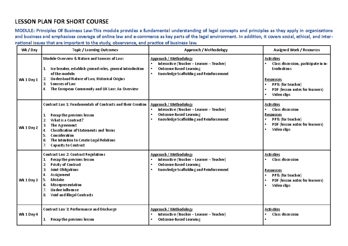 Post grad lesson plan 31july MODULE: Principles Of Business Law-This ...