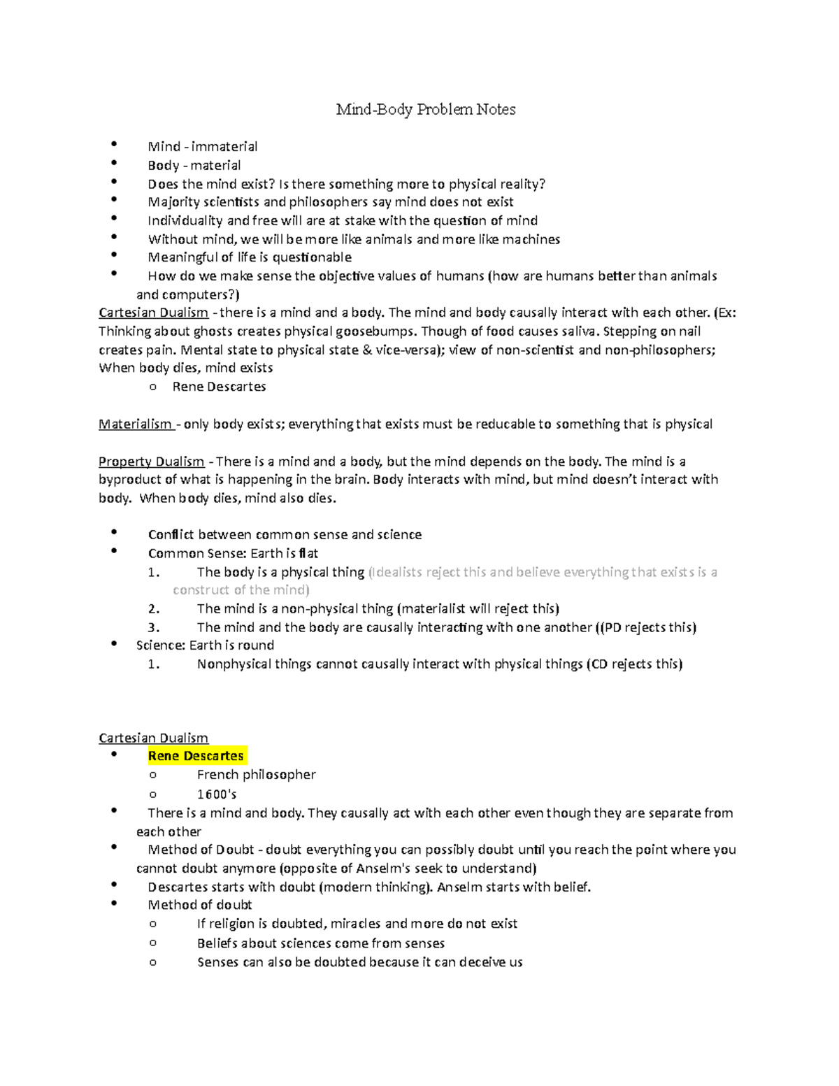 Mind-Body Notes - Fidel Arnecillo - Mind-Body Problem Notes Mind ...