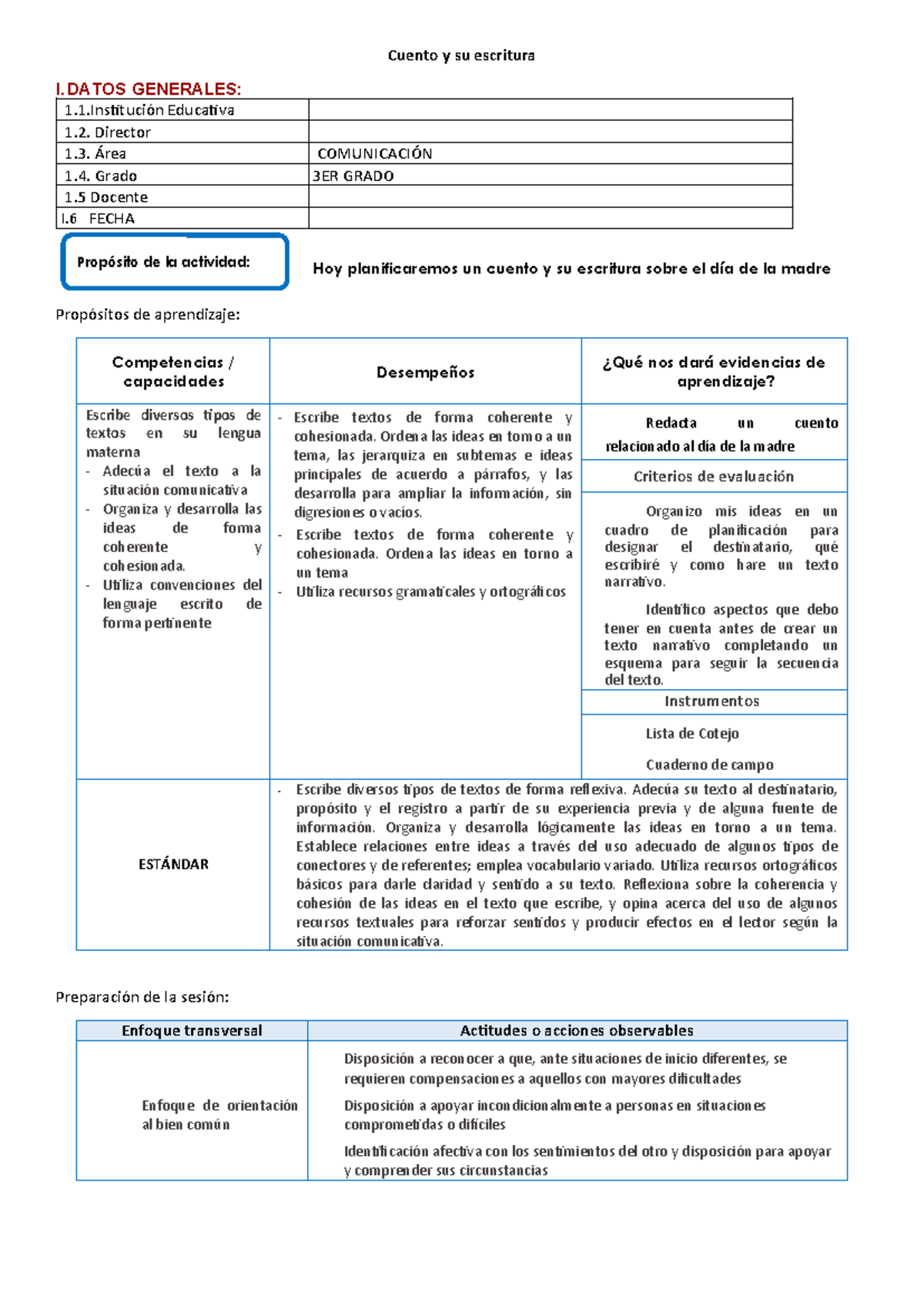 Sesion el cuento y su escritura - Cuento y su escritura I GENERALES: 1 ...