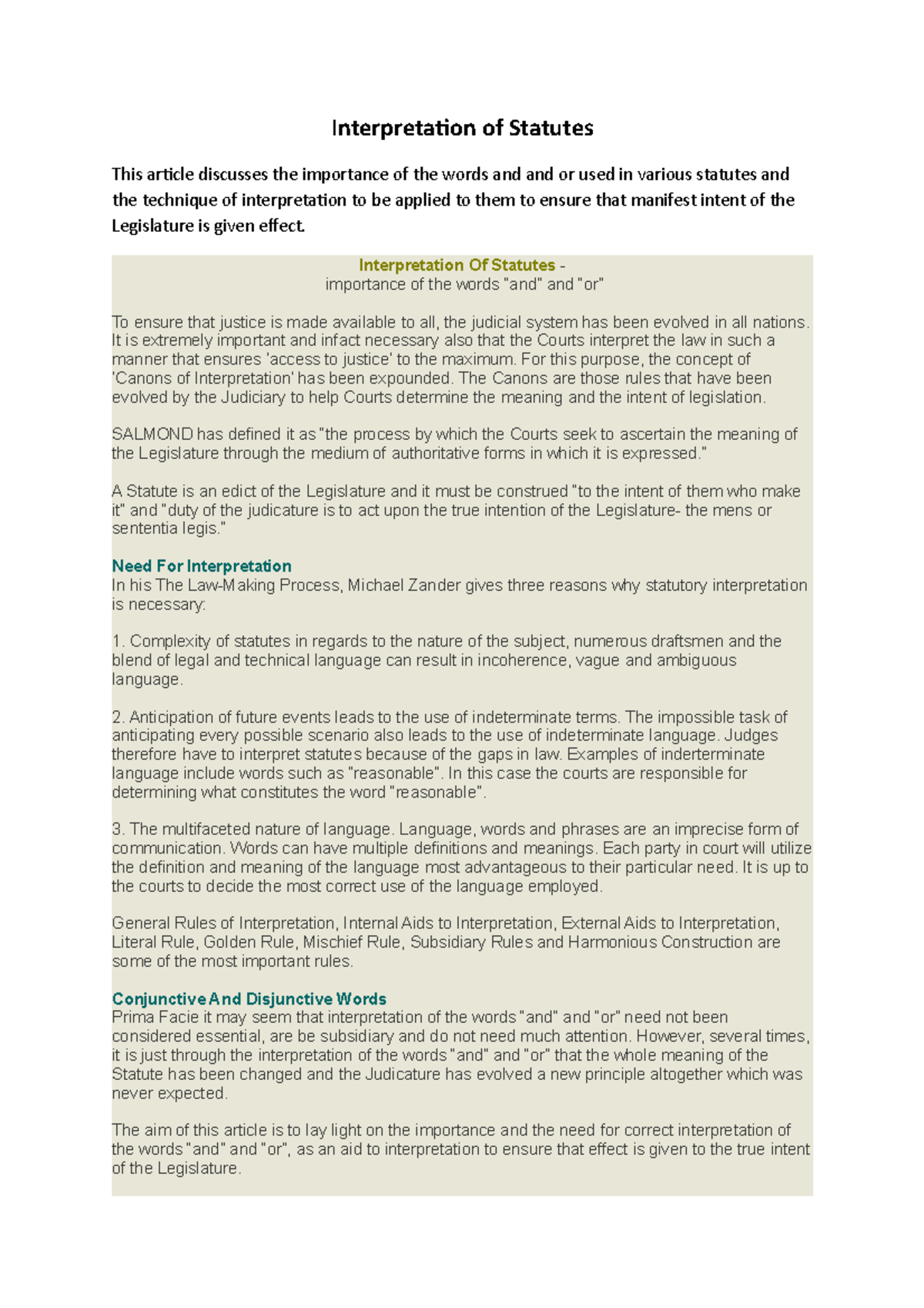 Interpretation of Statutes. Broad points on Interpretational law ...