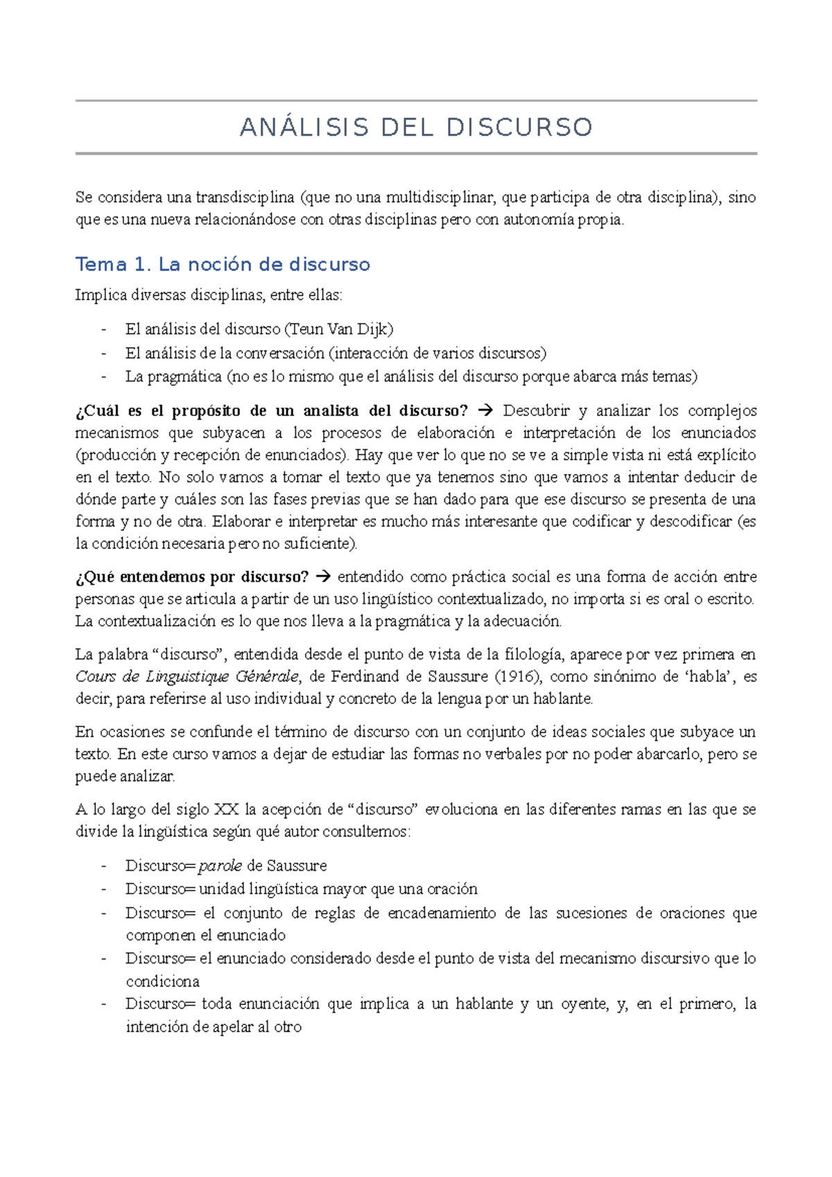 Análisis del Discurso - Apuntes completos - ANÁLISIS DEL DISCURSO Se ...