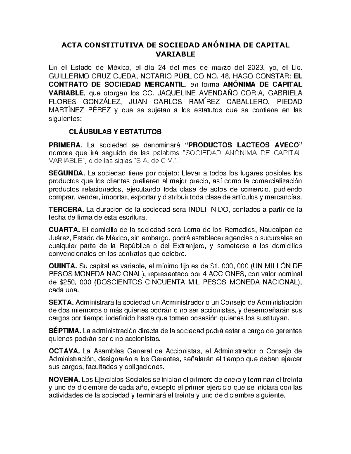 ACTA Constitutiva DE Sociedad Anónima DE Capital Variable - ACTA CONSTITUTIVA DE SOCIEDAD AN ...