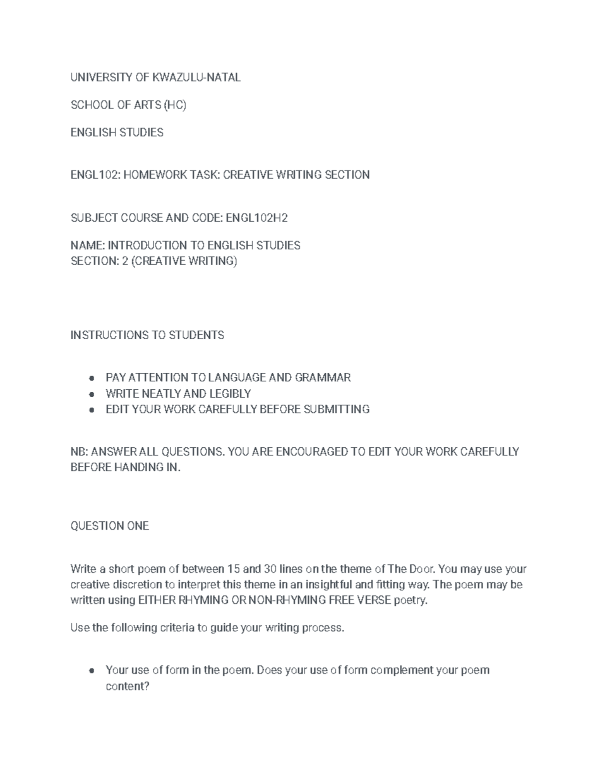 Creative Writing Homework Task - UNIVERSITY OF KWAZULU-NATAL SCHOOL OF ...