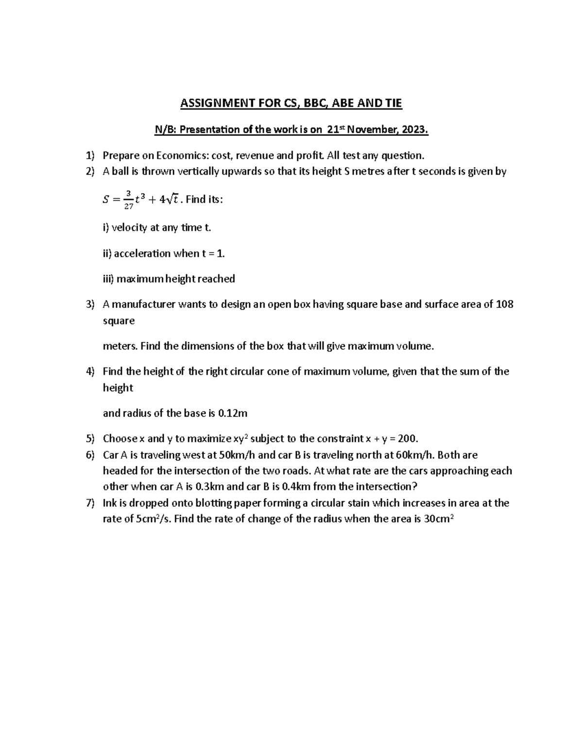 Assignment Calculus 1 - ASSIGNMENT FOR CS, BBC, ABE AND TIE N/B ...