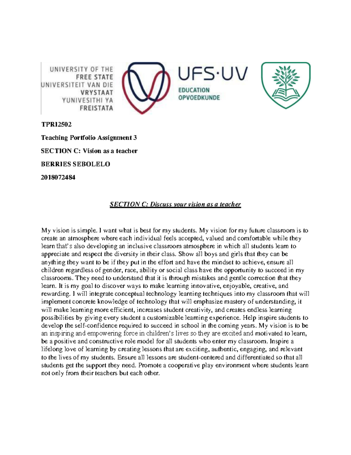 TPRI2502 Assignment 3 teacher portfolio section c - Teaching Portfolio ...