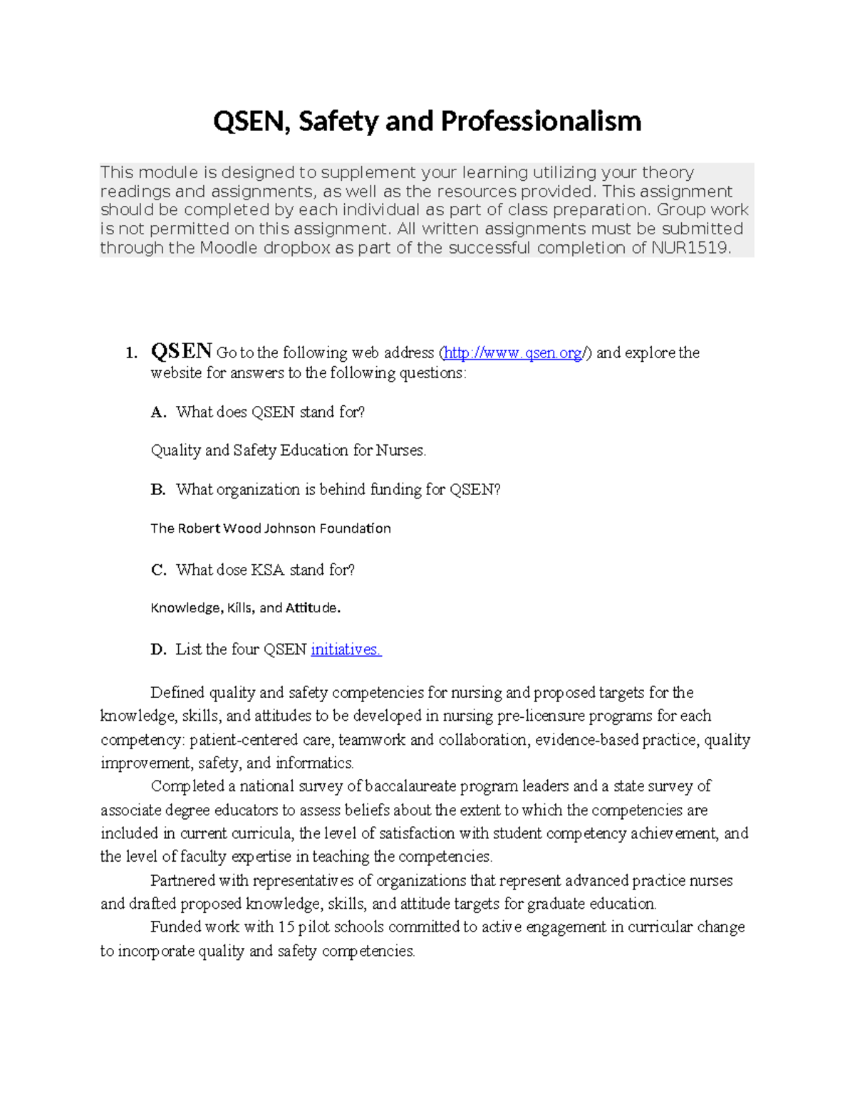 QSEN Safety and Professionalism - This assignment should be completed ...