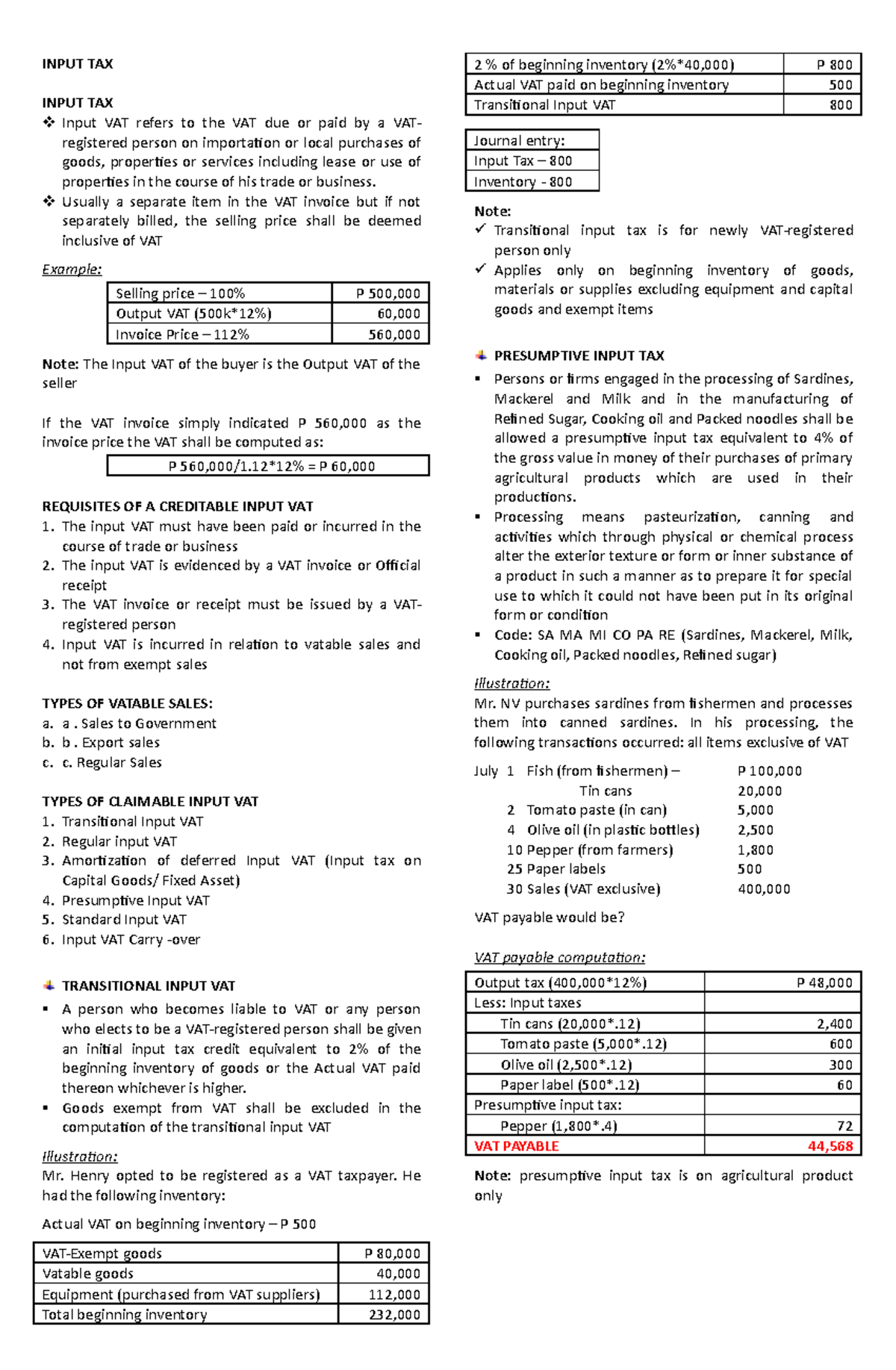 Input-TAX - Tax 101 (Lecture Notes) - INPUT TAX INPUT TAX Input VAT ...