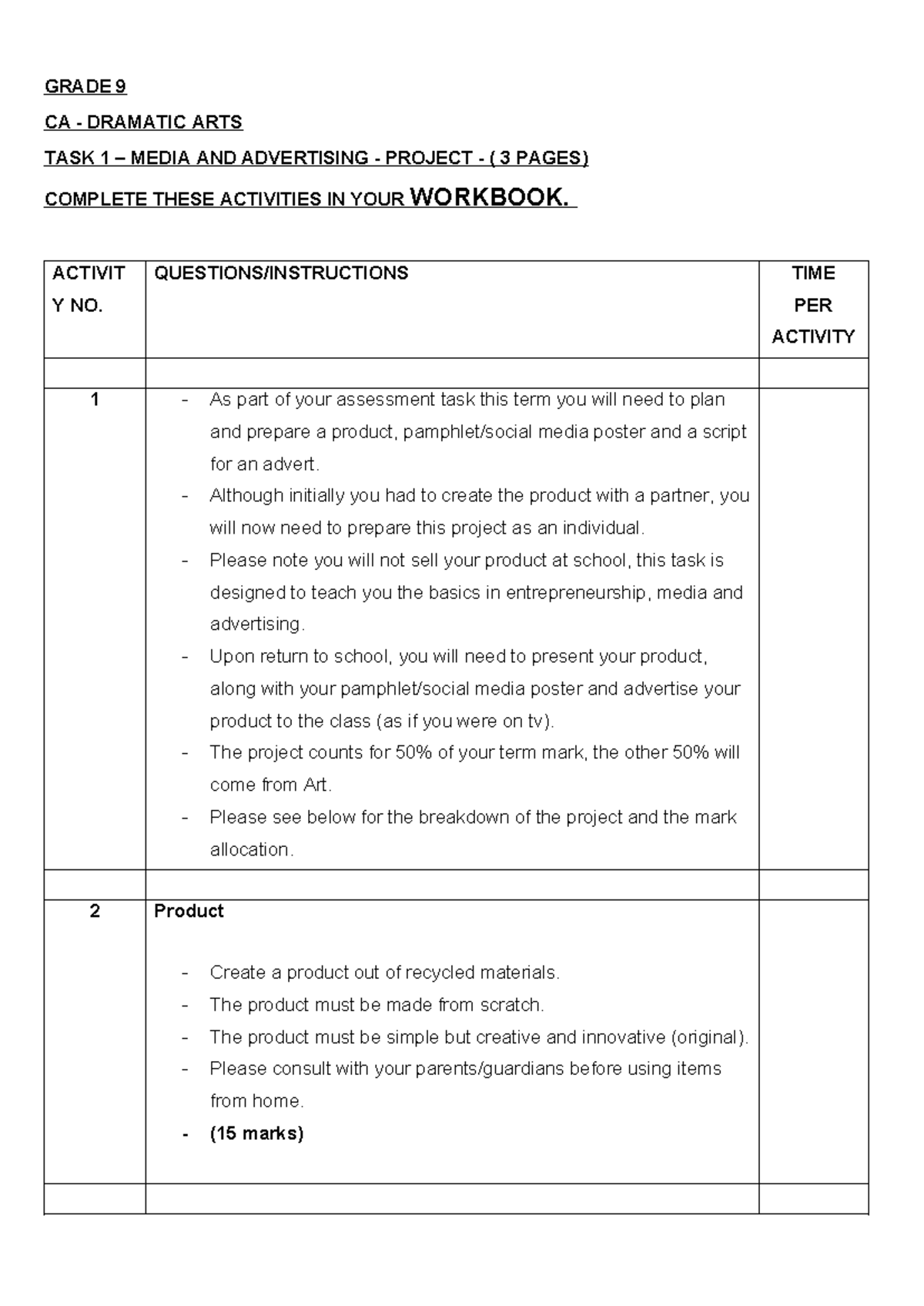 Grade 9 CA - Drama TASK 1 - Tasks on performance and media - GRADE 9 CA ...