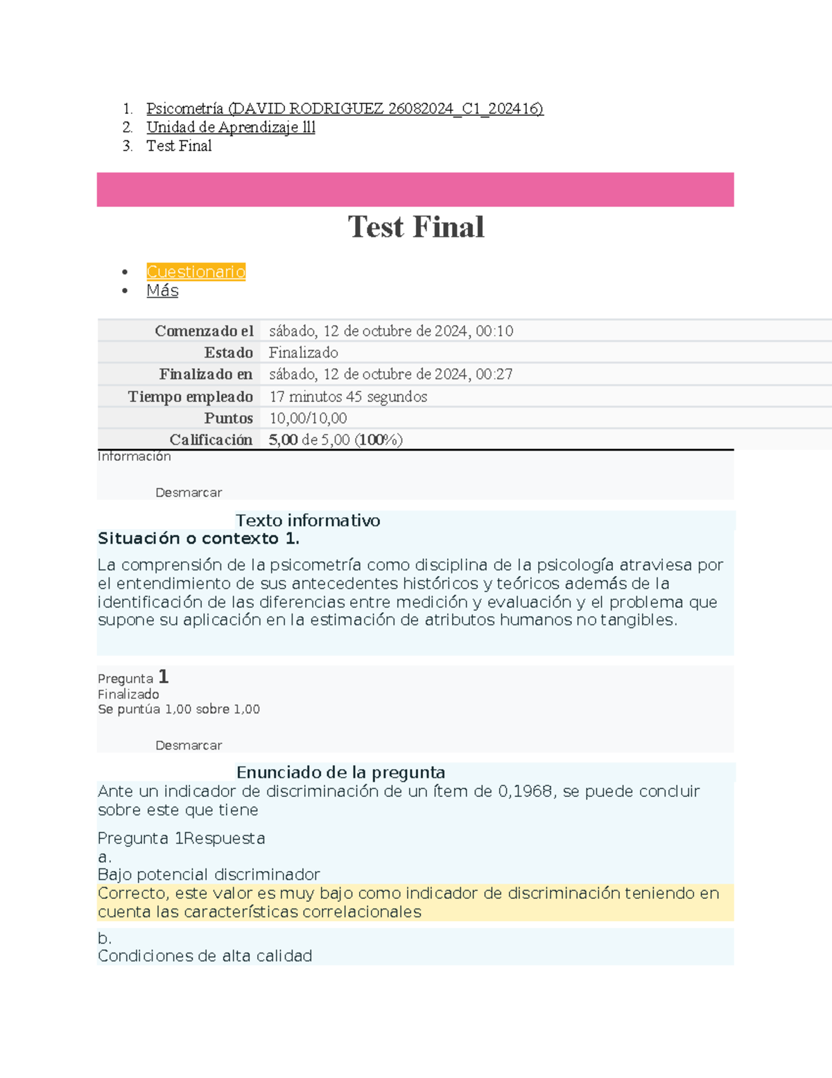 Test Final - Intento 2 - 1. Psicometría (DAVID RODRIGUEZ 26082024_C1 ...