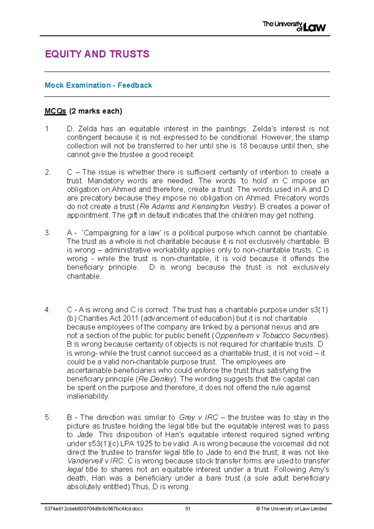 Mock exam - Sample answer - EQUITY AND TRUSTS Mock Examination ...