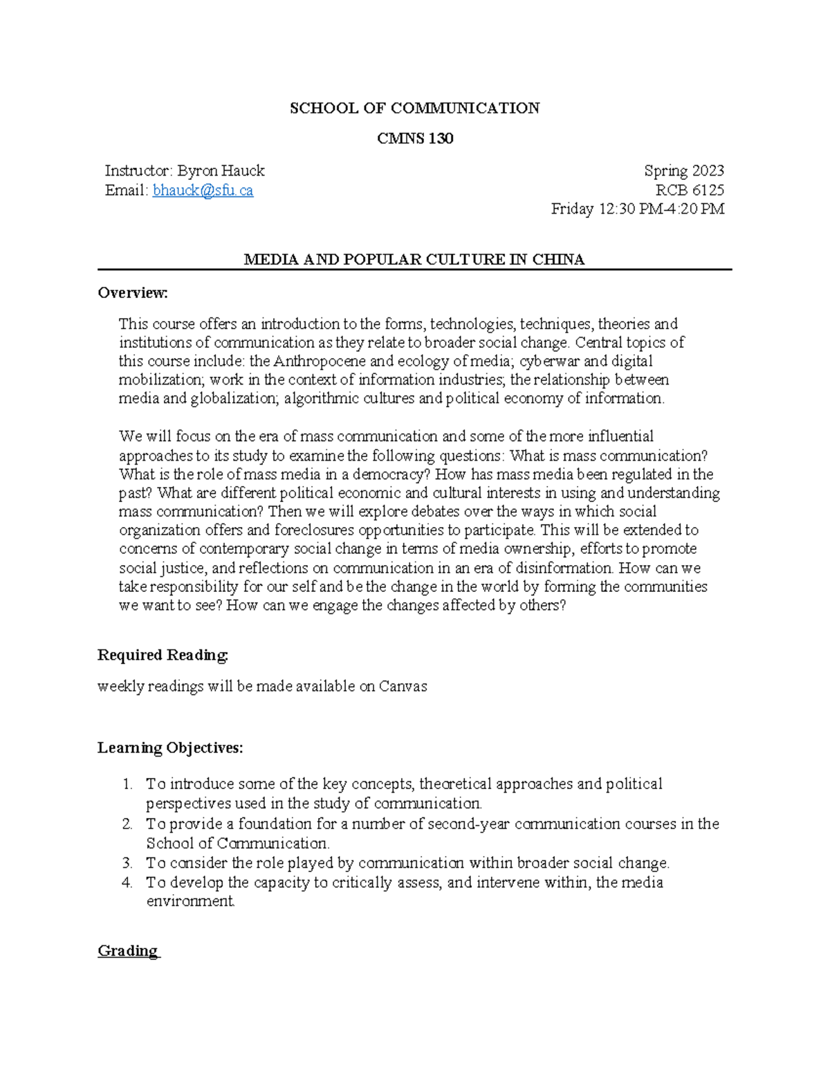 Hauck Cmns 130 Summer 2023 - SCHOOL OF COMMUNICATION CMNS 130 ...