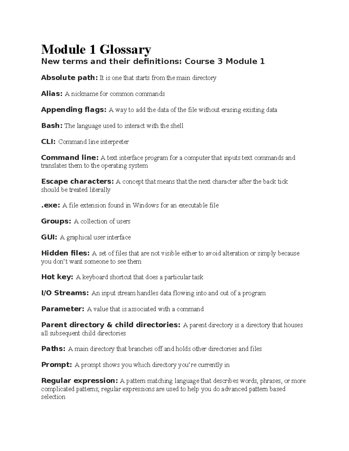 Course 3 - Notes - Module 1 Glossary New terms and their definitions ...