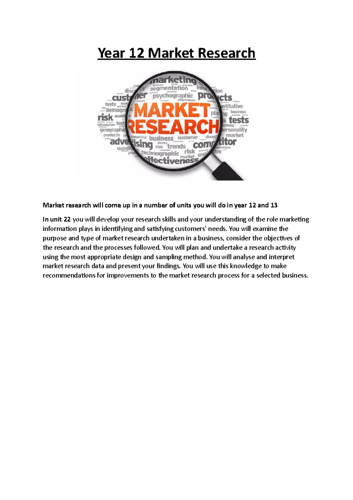 Year 12 Market research booklet - Year 12 Market Research Market ...