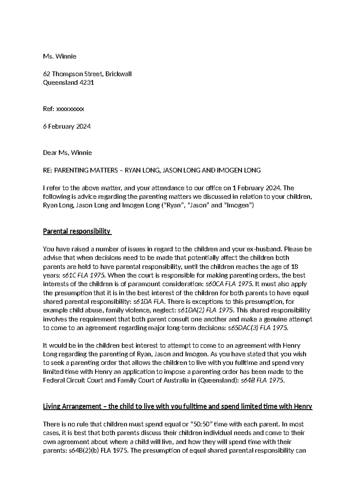 Letter of Advice - Parenting Orders - Ms. Winnie 62 Thompson Street ...