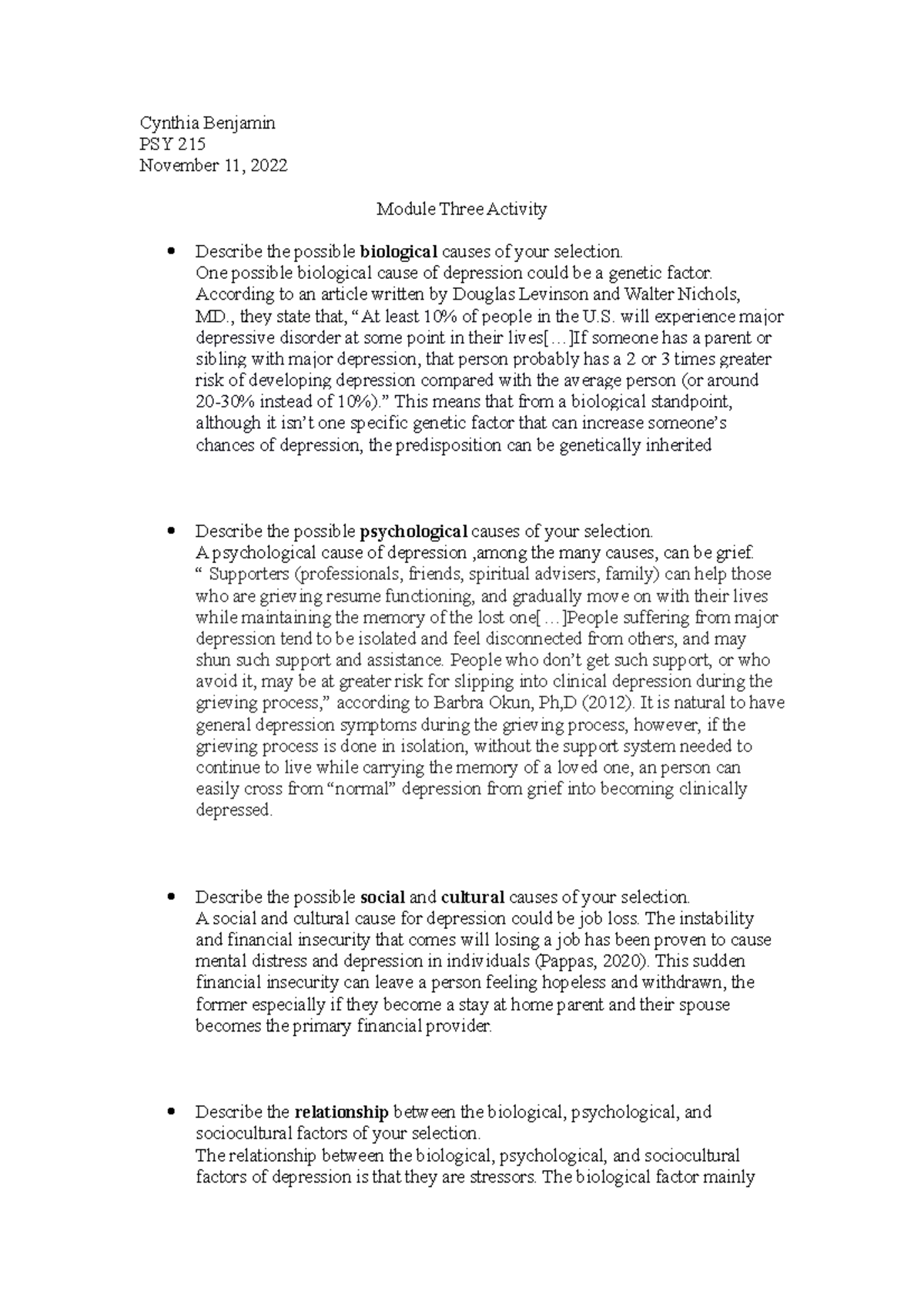 Abnormal Psychology Module 3 Activity - Cynthia Benjamin PSY 215 ...