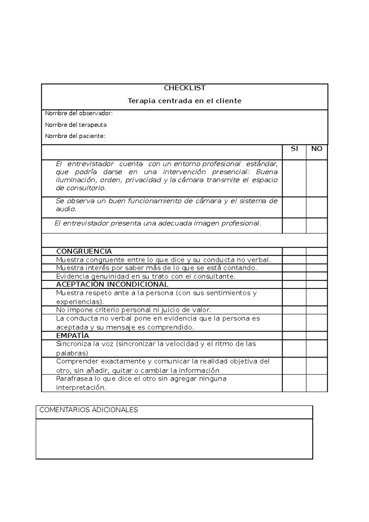 Actividad - Checklist - Terapia Centrada en el cliente New - CHECKLIST ...