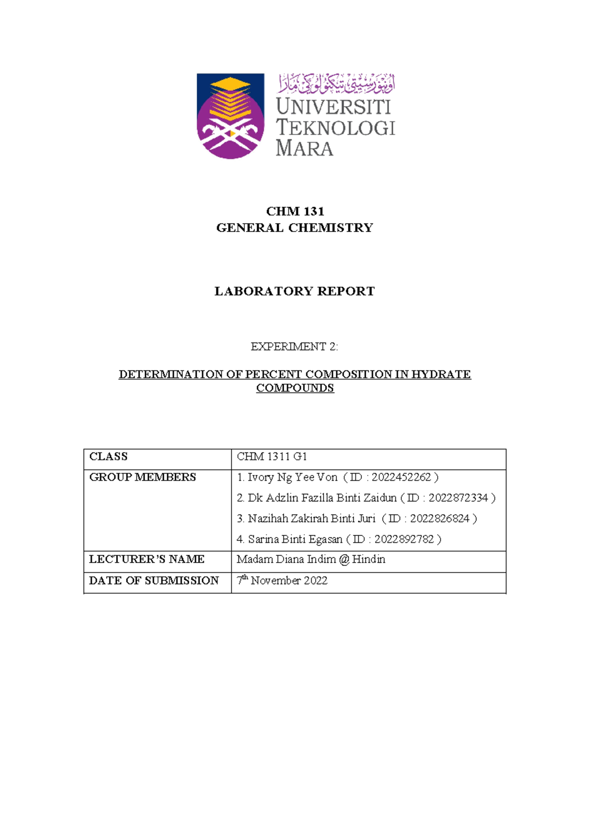 Experiment 2 Lab Report Determination of Percent Composition in Hydrate ...