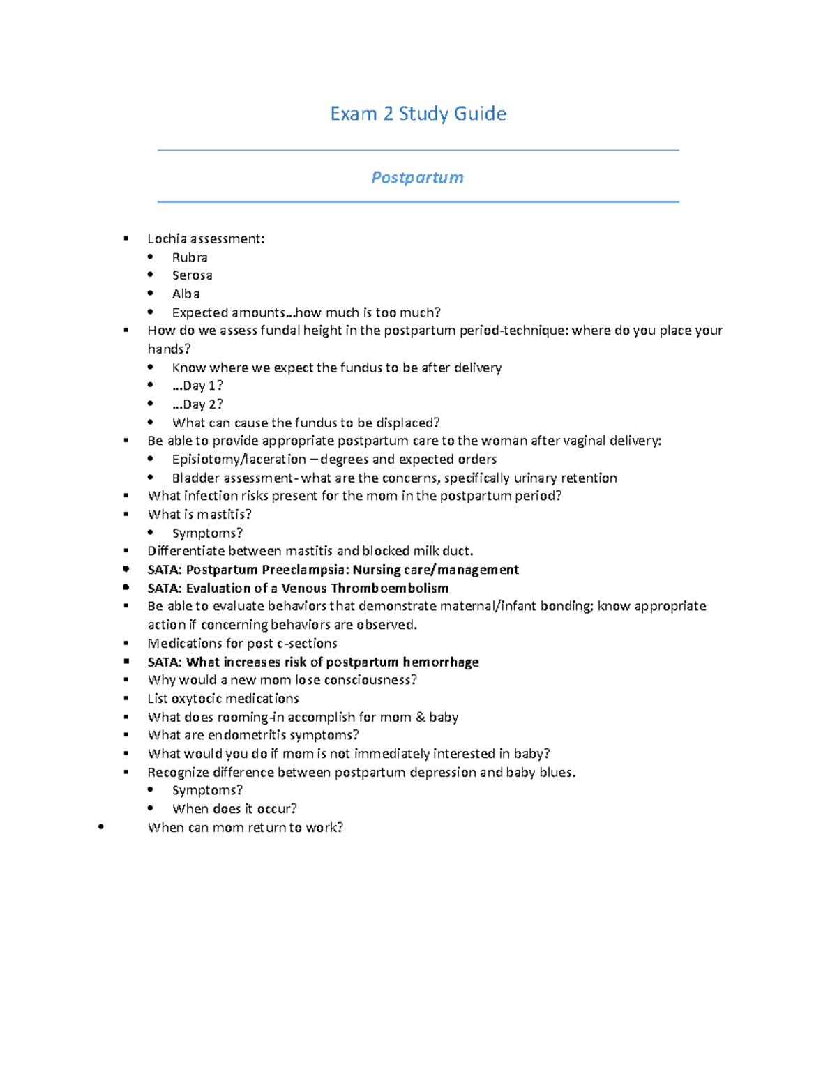 Exam 2 Study Guide - Exam 2 Study Guide Postpartum Lochia assessment ...