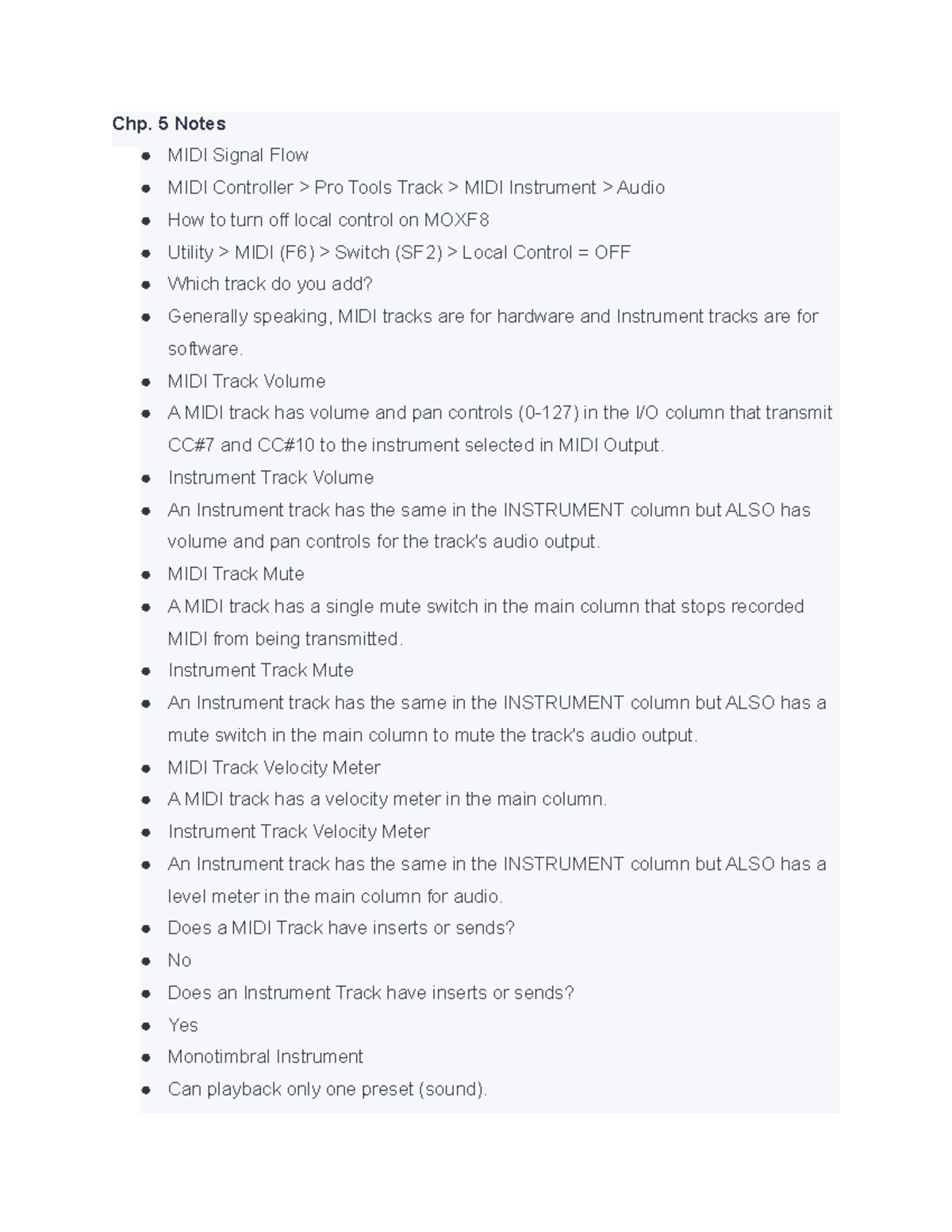 Chp. 5 notes - Chp. 5 Notes MIDI Signal Flow MIDI Controller > Pro ...