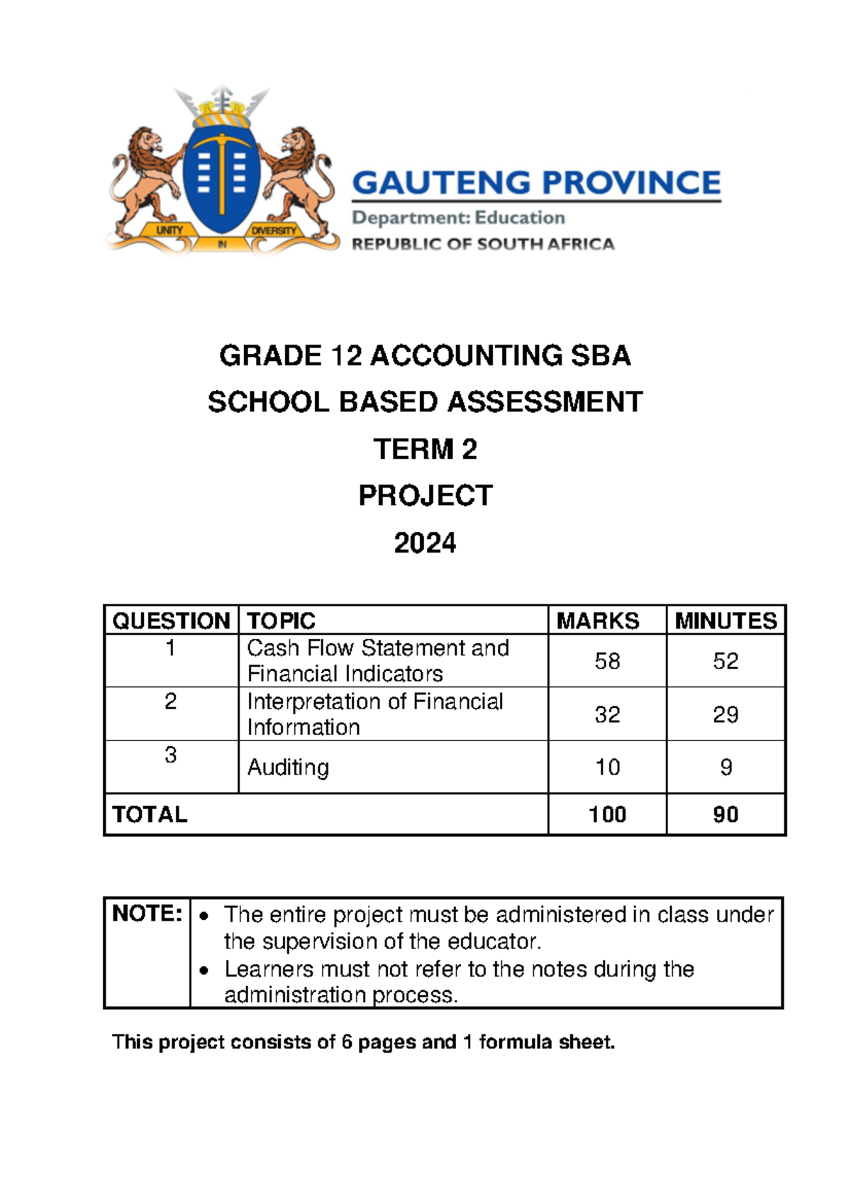 2024 Grade 12 Project - QP - GRADE 12 ACCOUNTING SBA SCHOOL BASED ...