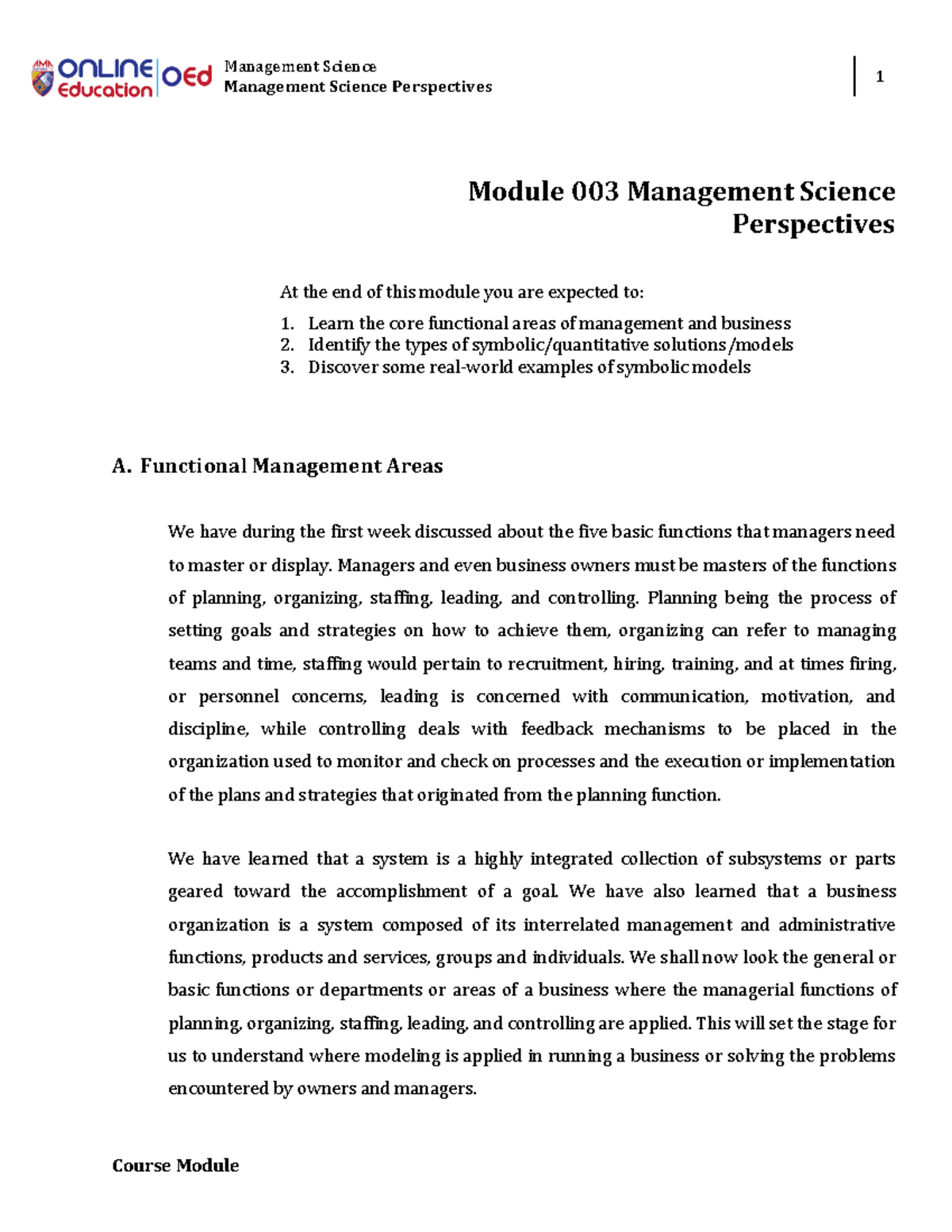 Module 003 - Lecture notes 1 - Management Science Management Science ...