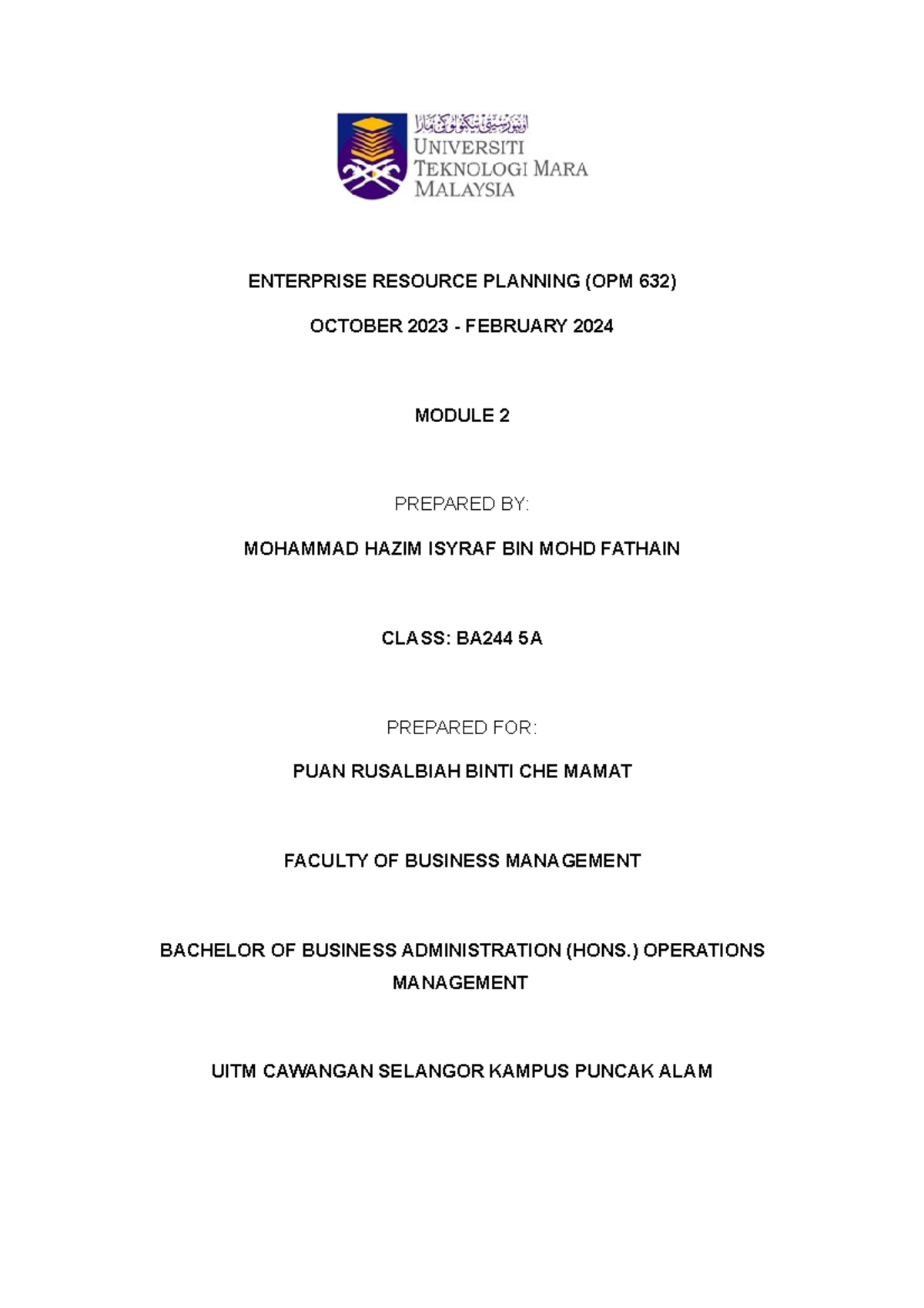 Module 2 OPM632 - ENTERPRISE RESOURCE PLANNING (OPM 632) OCTOBER 2023 ...