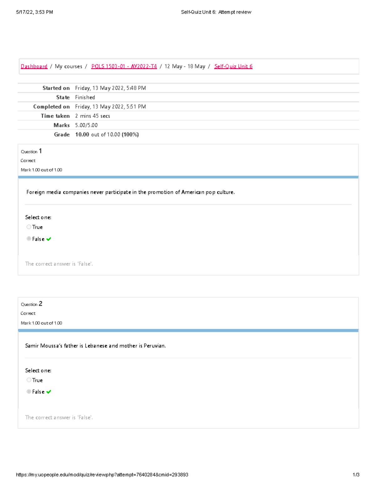 Self-Quiz Unit 6 Attempt review - 5/17/22, 3:53 PM Self-Quiz Unit 6 ...